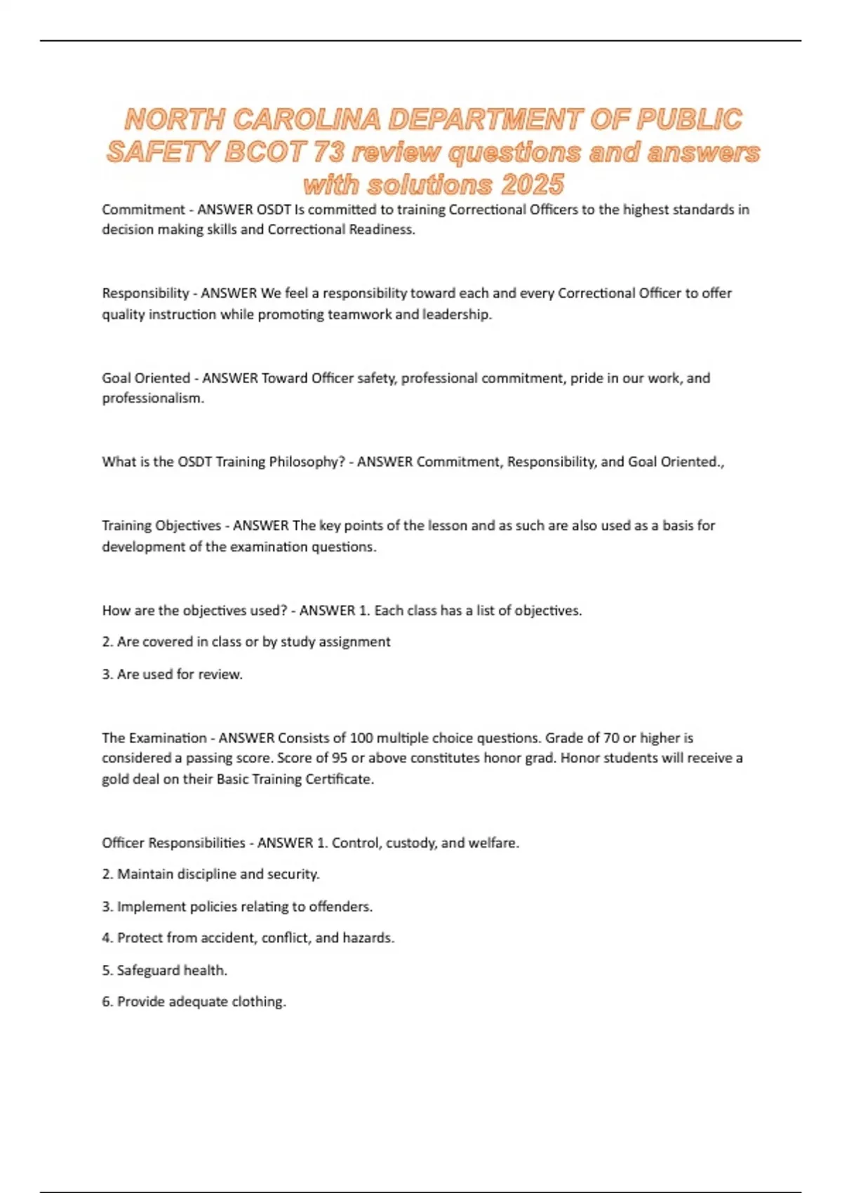 NORTH CAROLINA DEPARTMENT OF PUBLIC SAFETY BCOT 73 review questions and ...