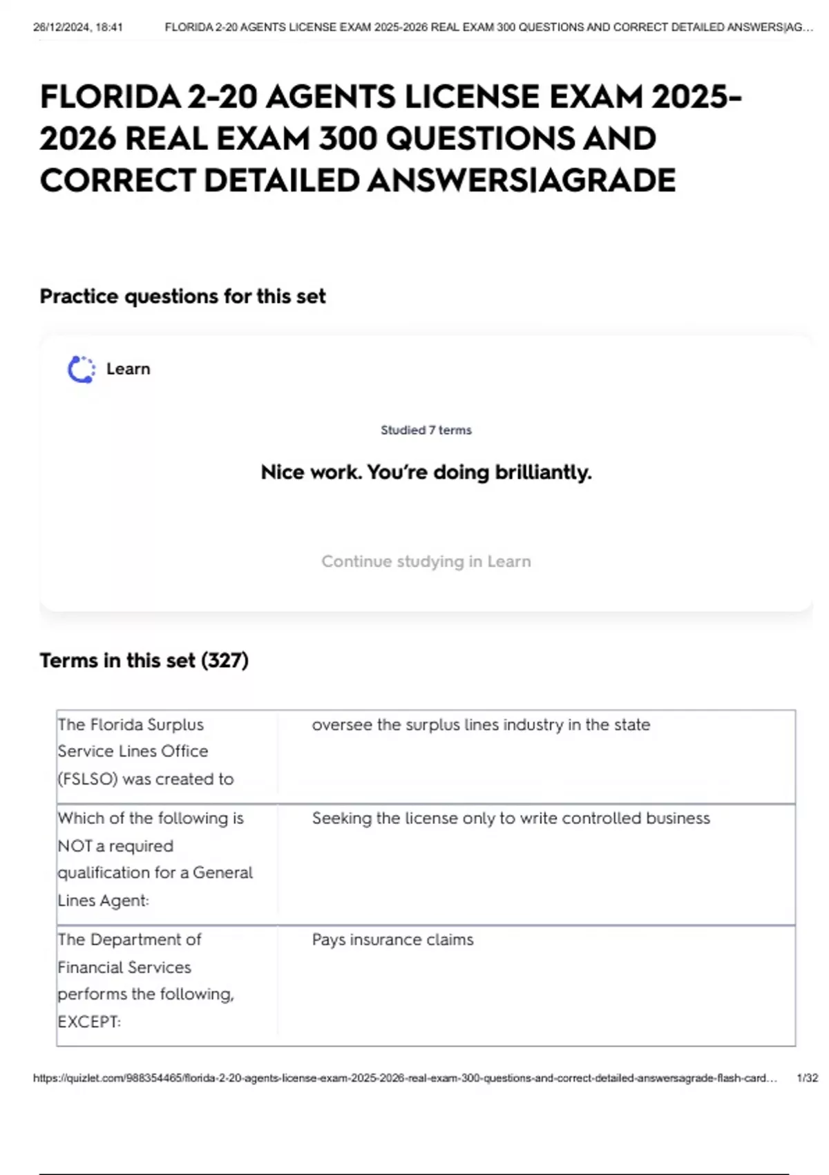 FLORIDA 2-20 AGENTS LICENSE EXAM REAL EXAM 300 QUESTIONS AND CORRECT ...