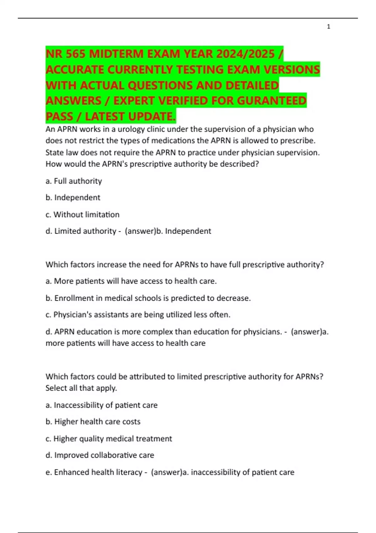 NR 565 MIDTERM EXAM YEAR 2024/2025 / ACCURATE CURRENTLY TESTING EXAM ...