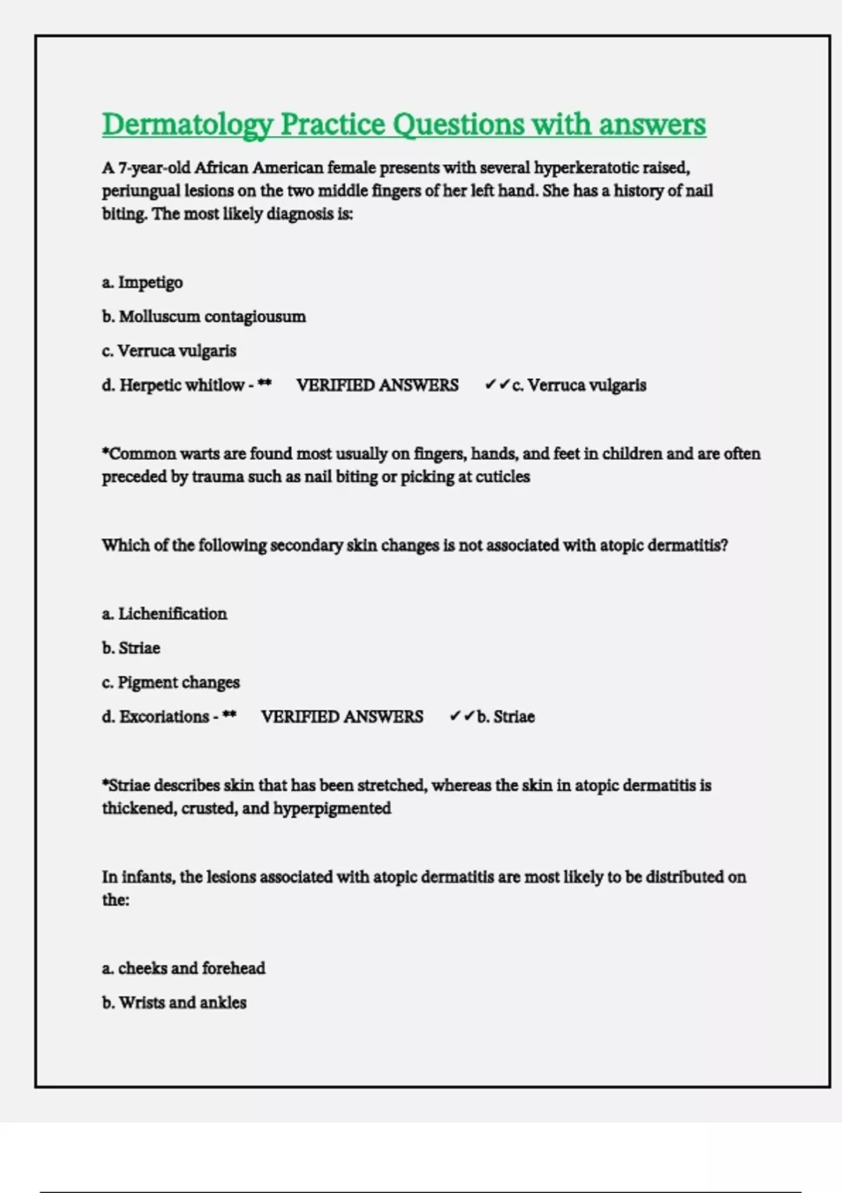 Dermatology Practice Questions with answers - Dermatology - Stuvia US