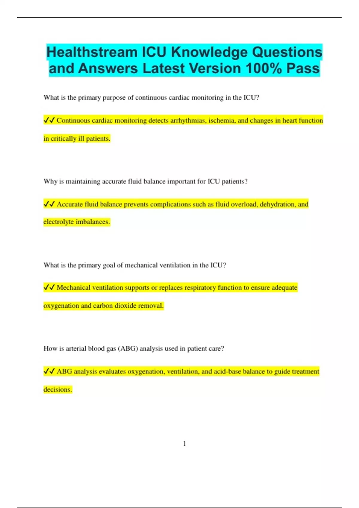 Healthstream ICU Knowledge Questions and Answers Latest Version 100% ...