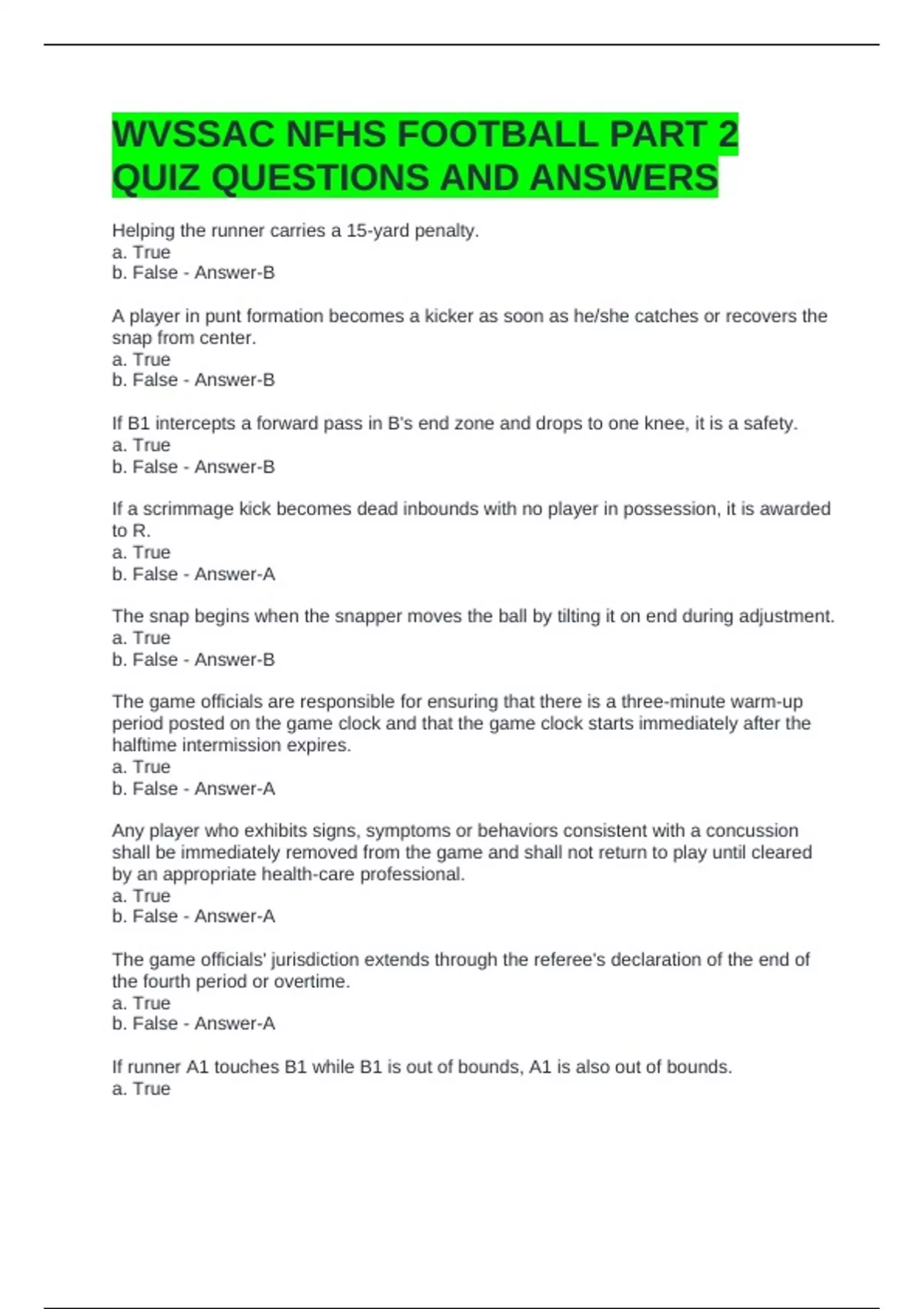 WVSSAC NFHS FOOTBALL PART 2 QUIZ QUESTIONS AND ANSWERS - WVSSAC - Stuvia US
