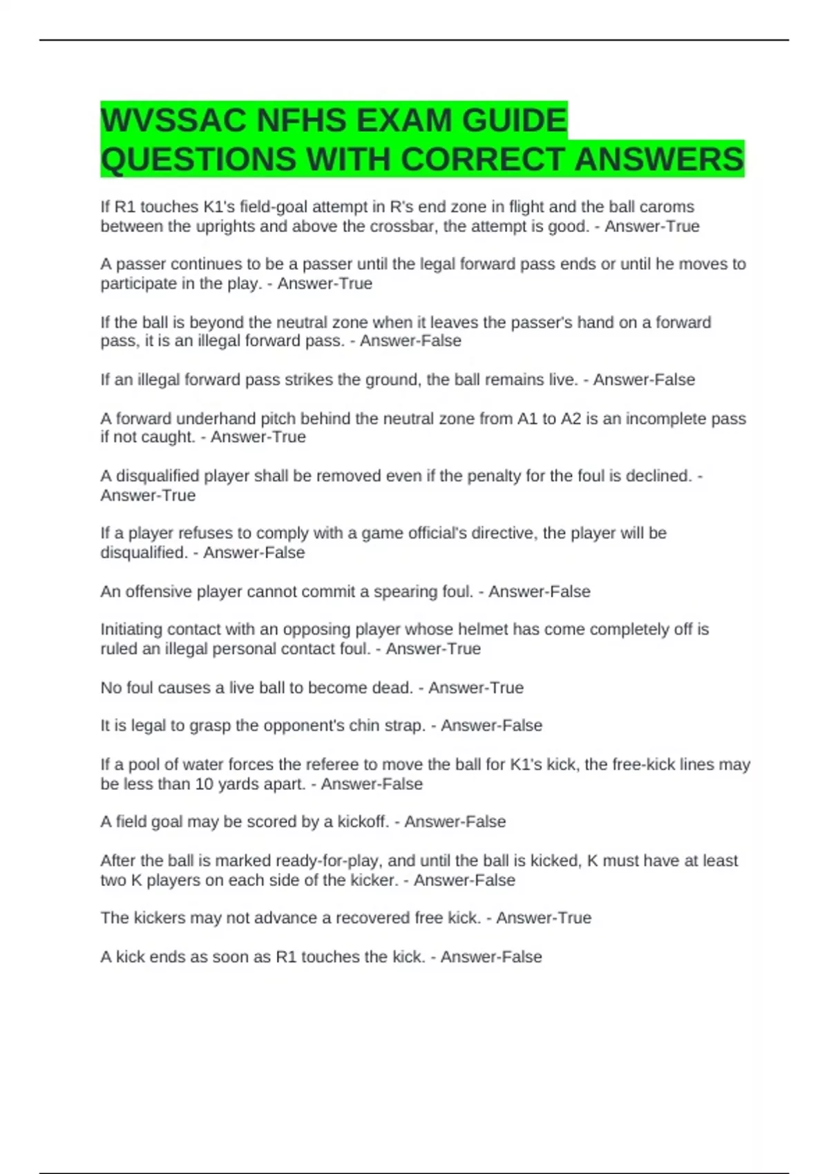 WVSSAC NFHS FOOTBALL PART 2 QUIZ QUESTIONS AND ANSWERS - WVSSAC - Stuvia US