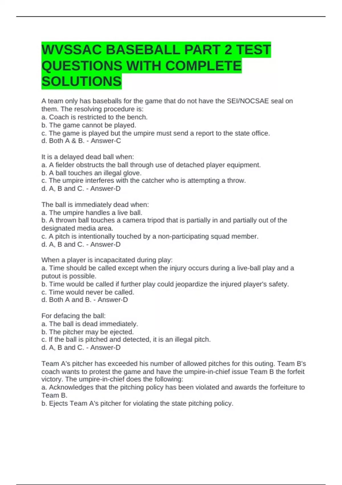 WVSSAC BASEBALL PART 2 TEST QUESTIONS WITH COMPLETE SOLUTIONS - WVSSAC ...