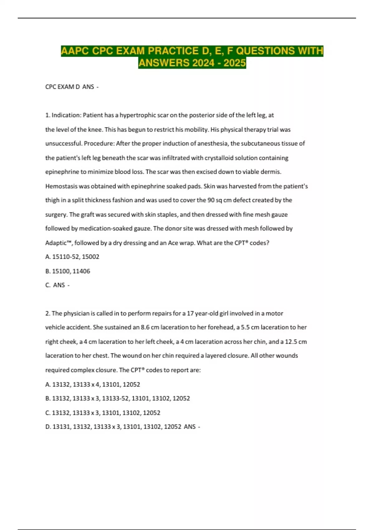 AAPC CPC EXAM PRACTICE D, E, F QUESTIONS WITH ANSWERS - AAPC CPC ...