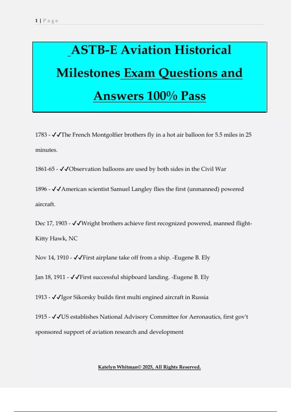 ASTB-E Aviation Historical Milestones Exam Questions and Answers 100% ...