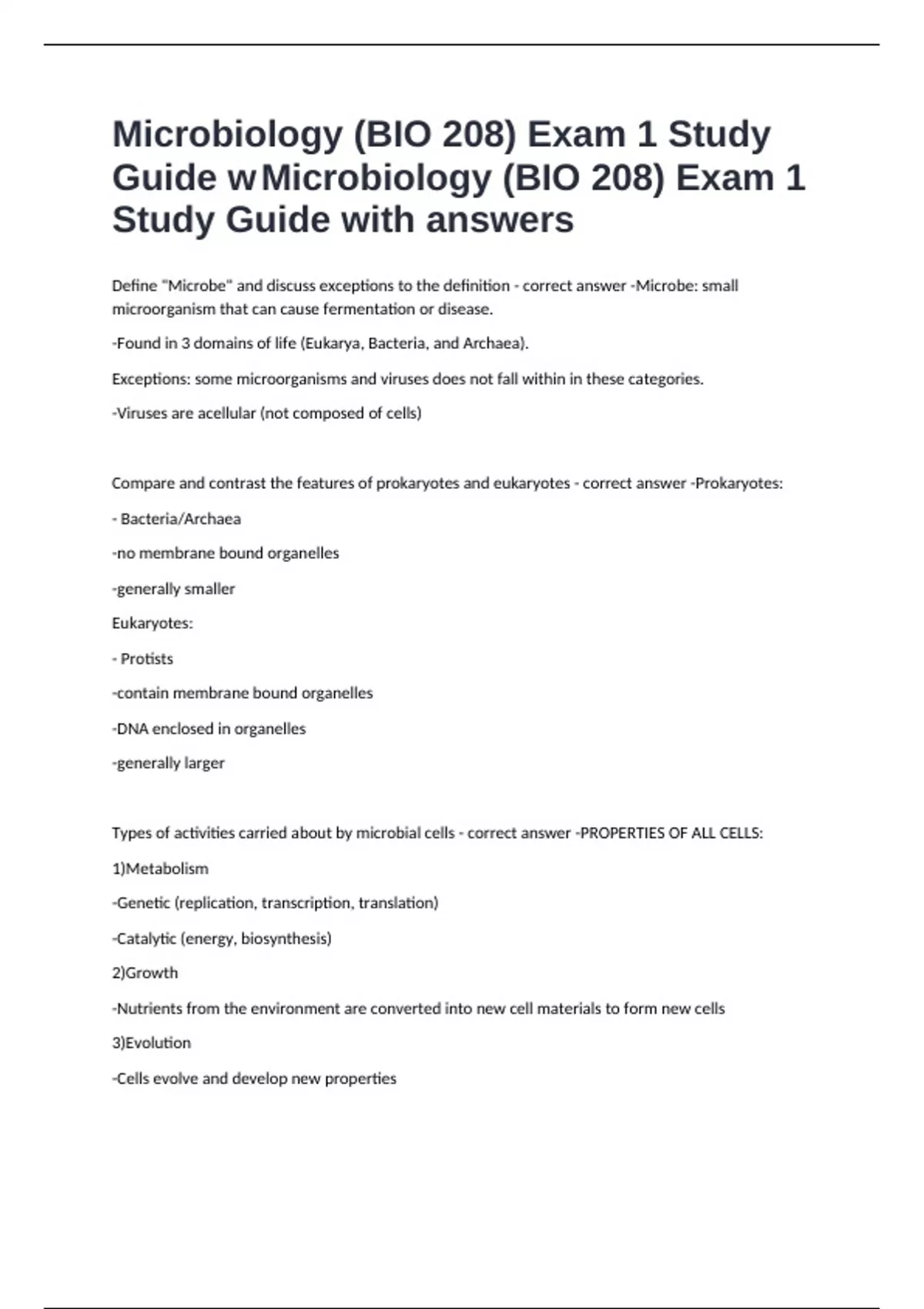 Microbiology (BIO 208) Exam 1 Study Guide w Microbiology (BIO 208) Exam ...
