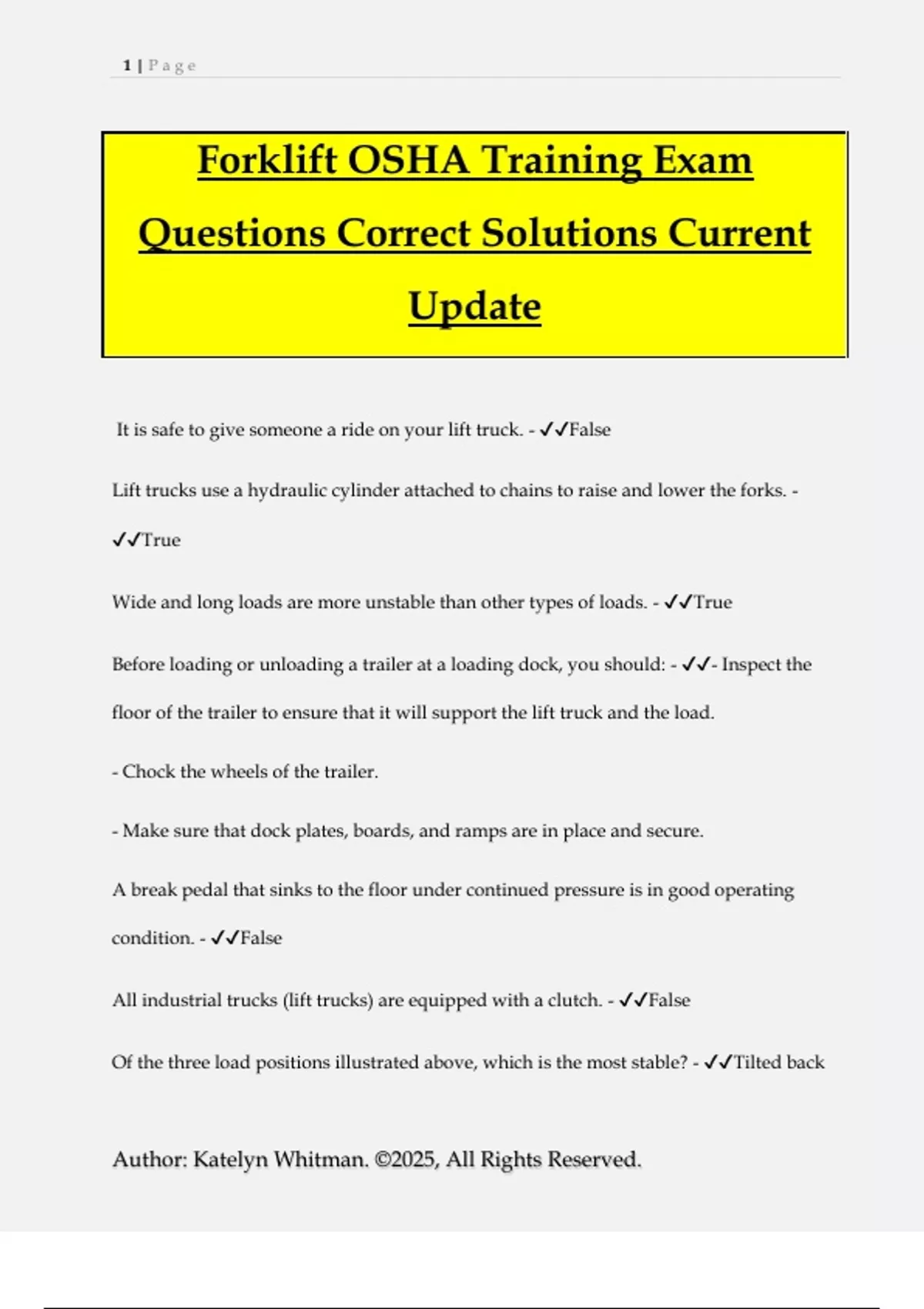 Forklift OSHA Training Exam Questions Correct Solutions Current Update ...