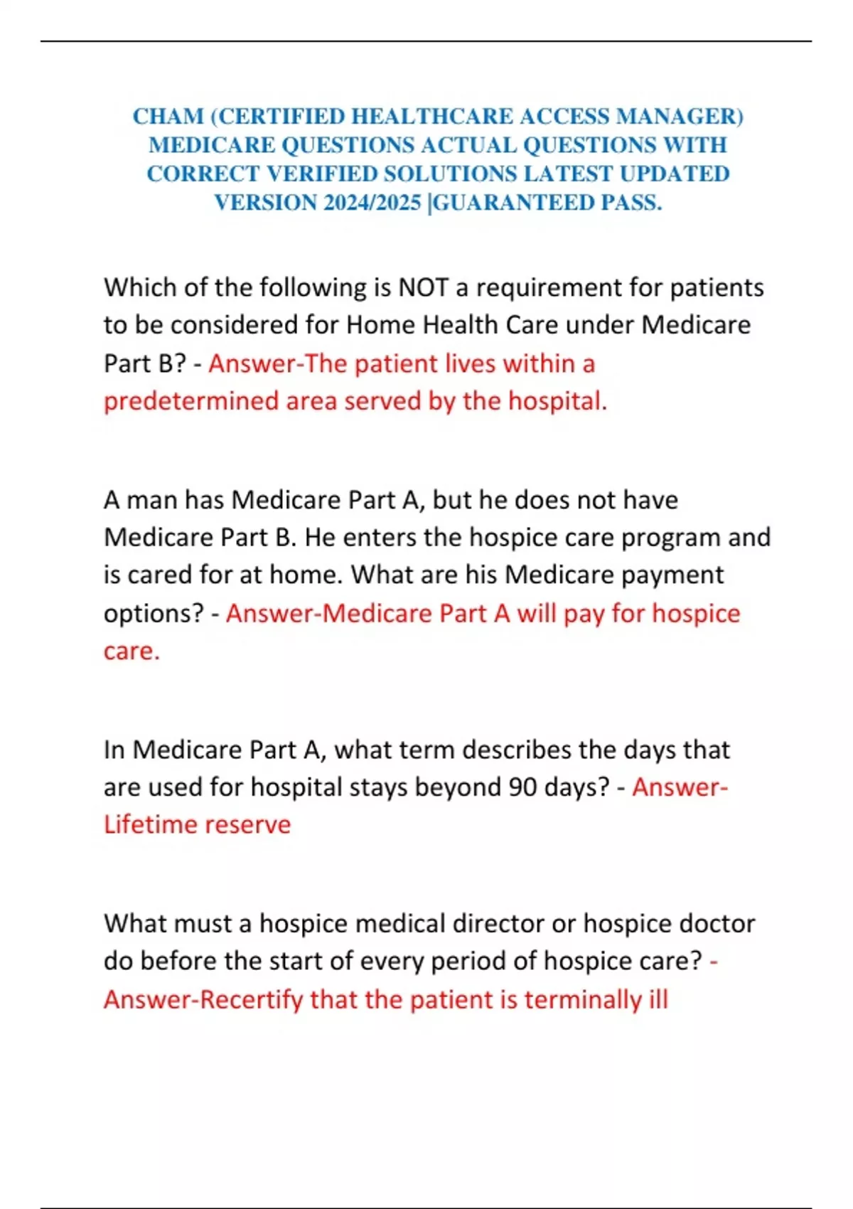 CHAM (CERTIFIED HEALTHCARE ACCESS MANAGER) MEDICARE QUESTIONS ACTUAL ...
