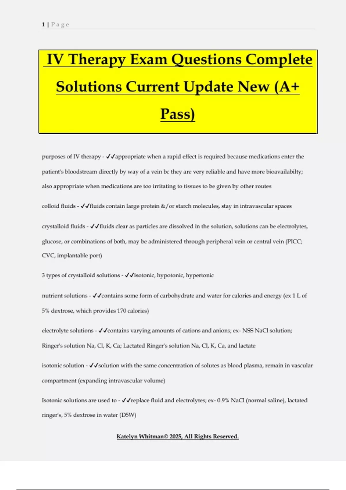 IV Therapy Exam Questions Complete Solutions Current Update New (A+ ...