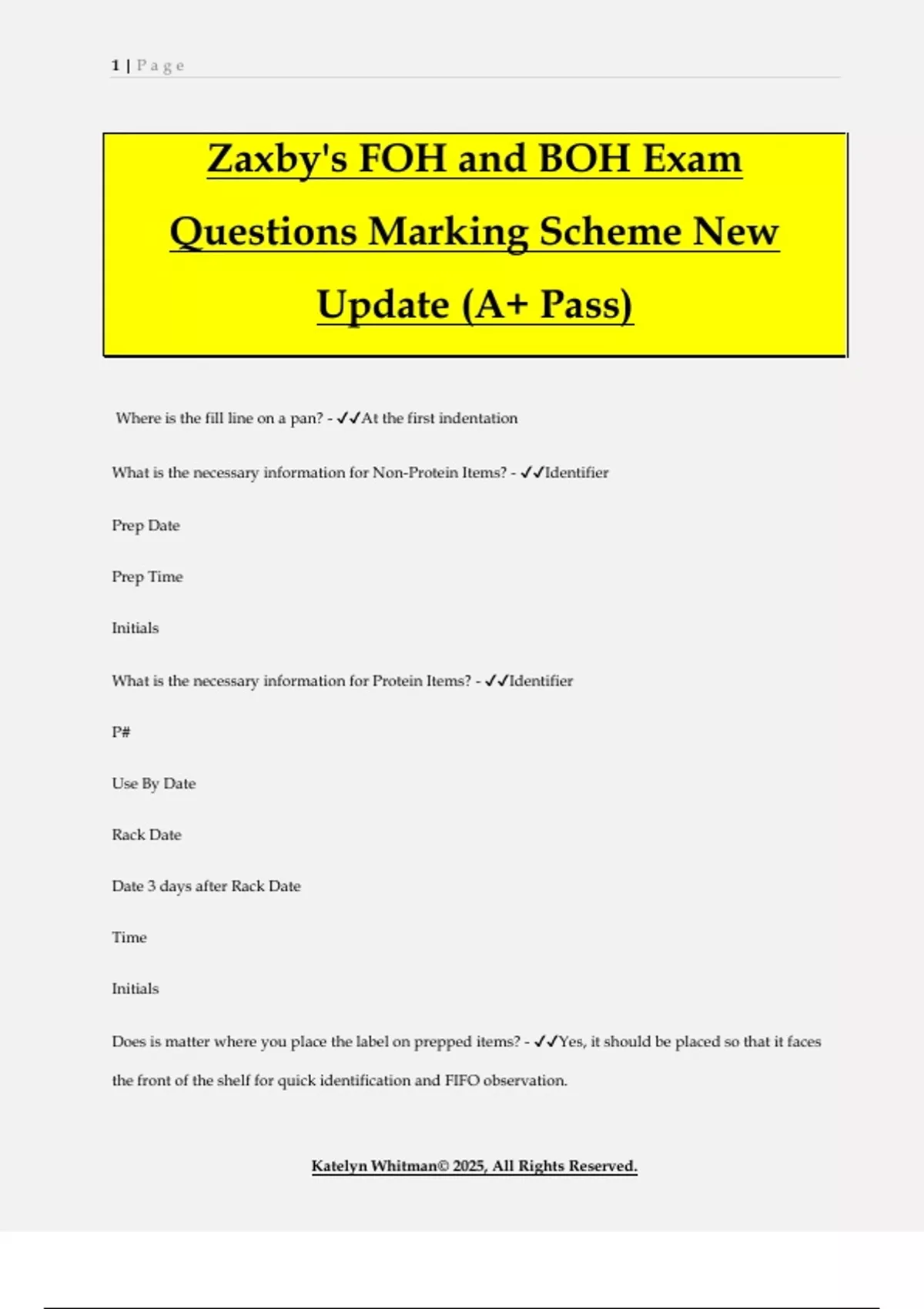 Zaxby's FOH and BOH Exam Questions Marking Scheme New Update (A+ Pass ...