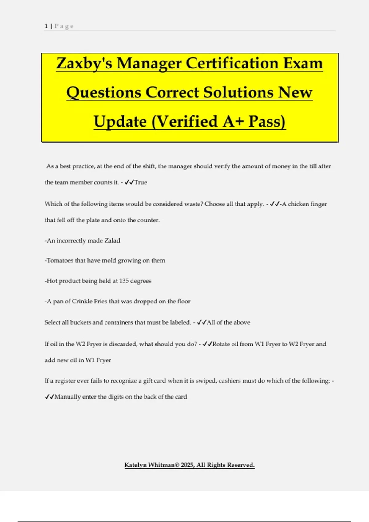 Zaxby's Manager Certification Exam Questions Correct Solutions New Update (Verified A+ Pass ...