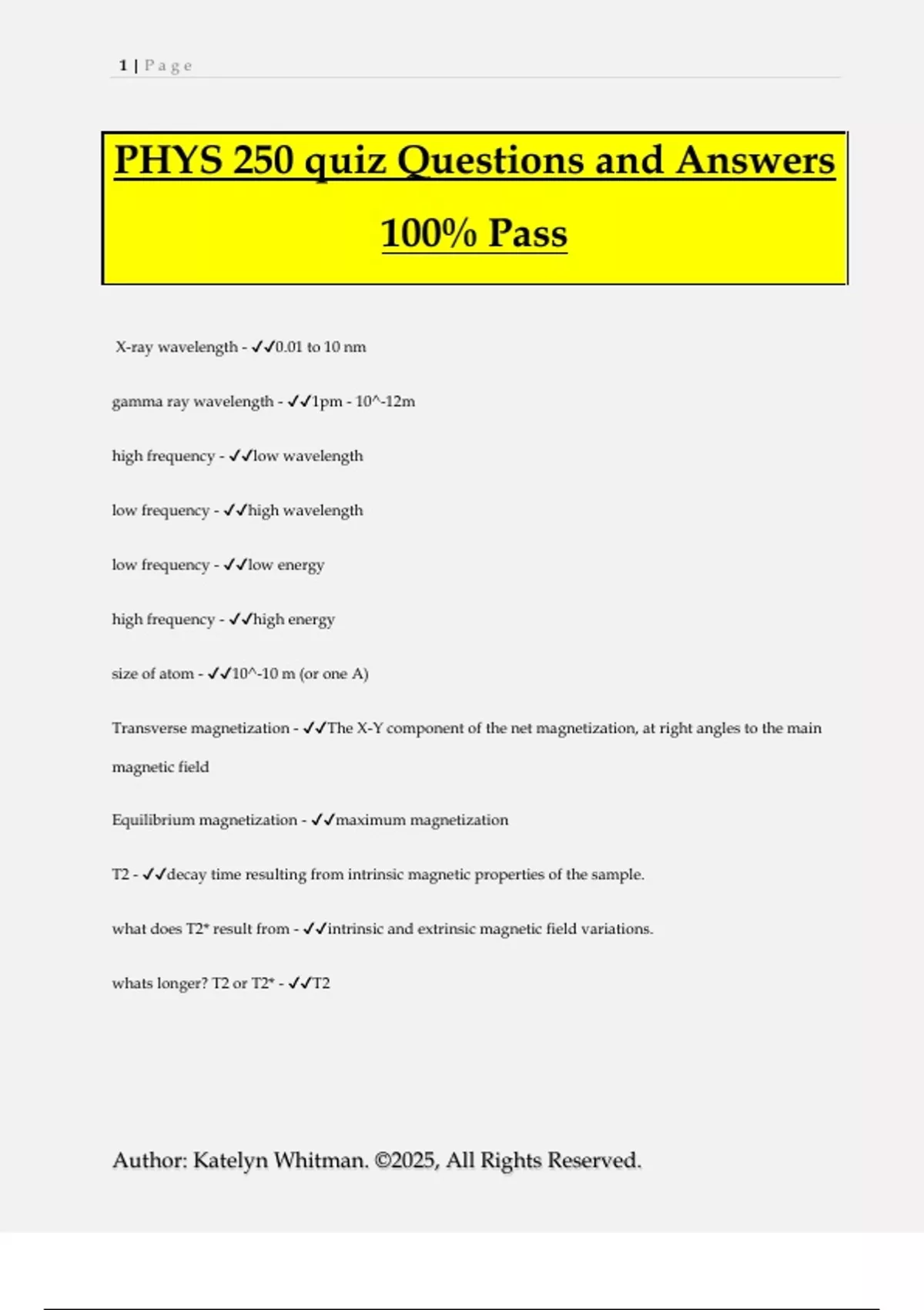 PHYS 250 quiz Questions and Answers 100% Pass - PHYS 250 - Stuvia US