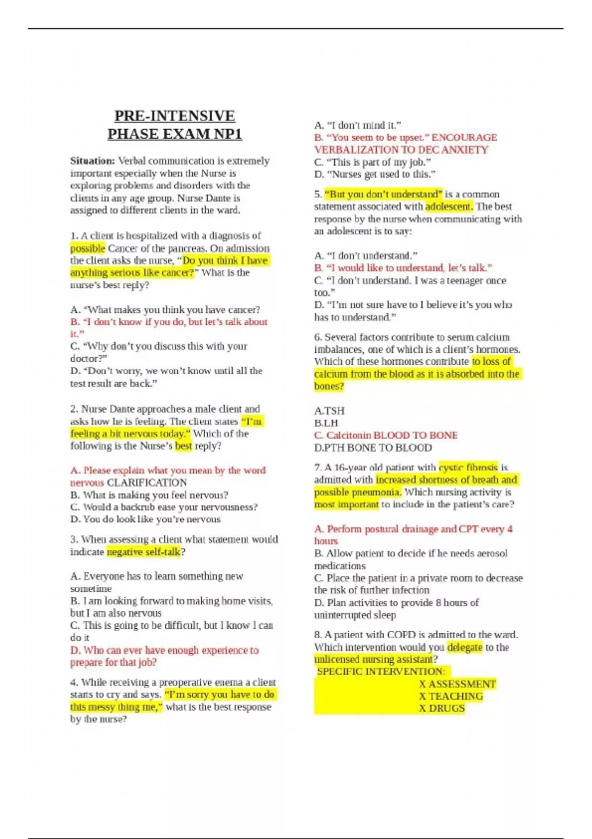 PRE-INTENSIVE-PHASE-EXAM-NP1-NP5|Actual Questions with Correct Answers ...