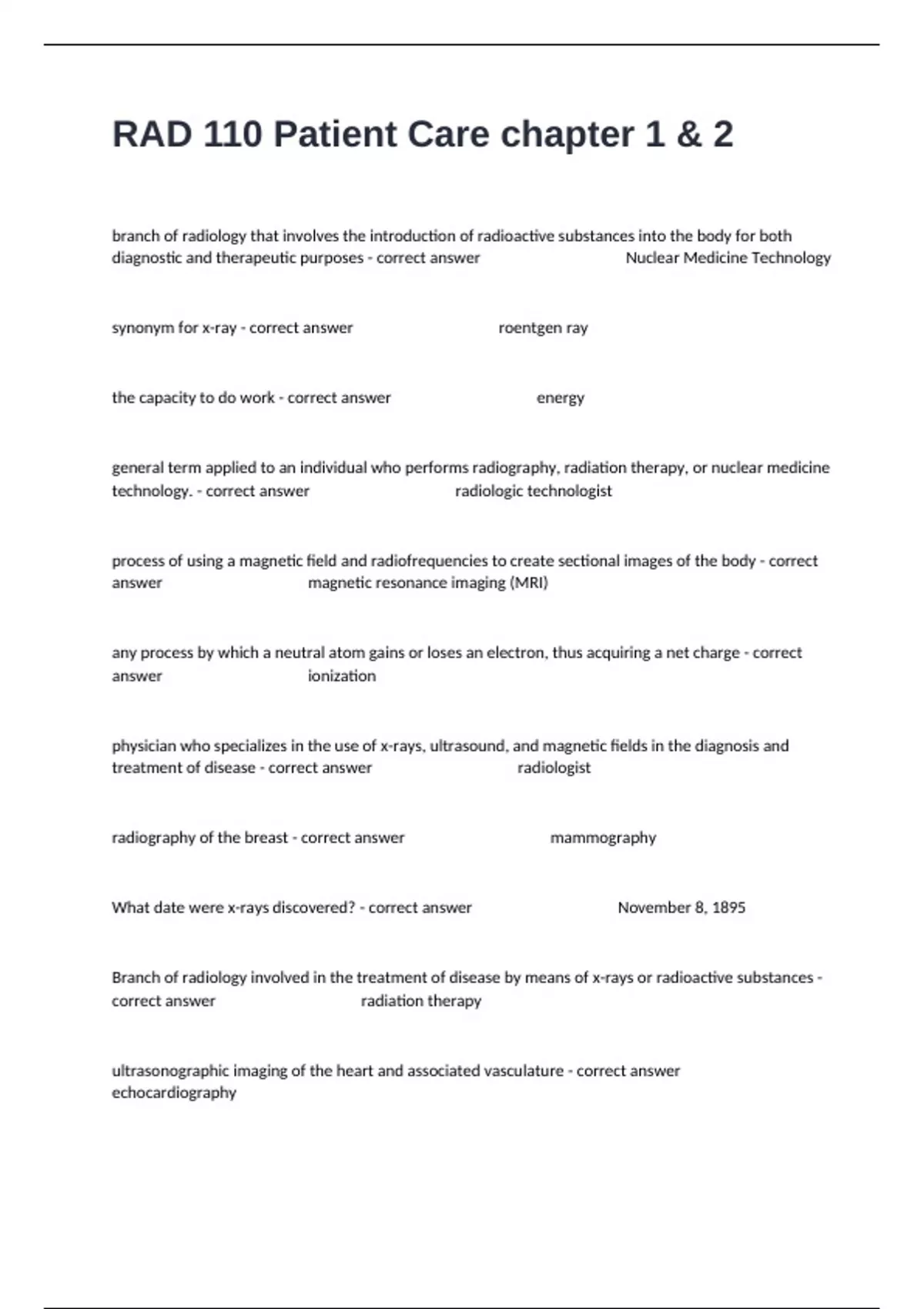 RAD 110 Patient Care chapter 1 & 2 Complete Exam Actual Questions With ...