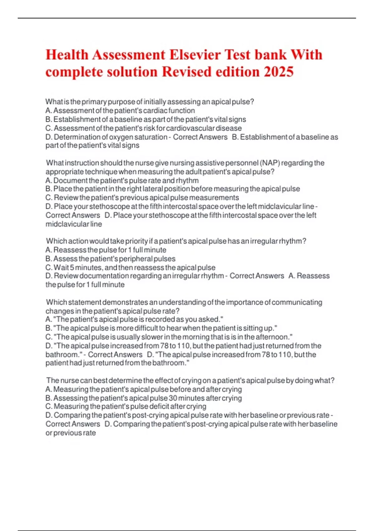 Health Assessment Elsevier Test bank With complete solution Revised ...