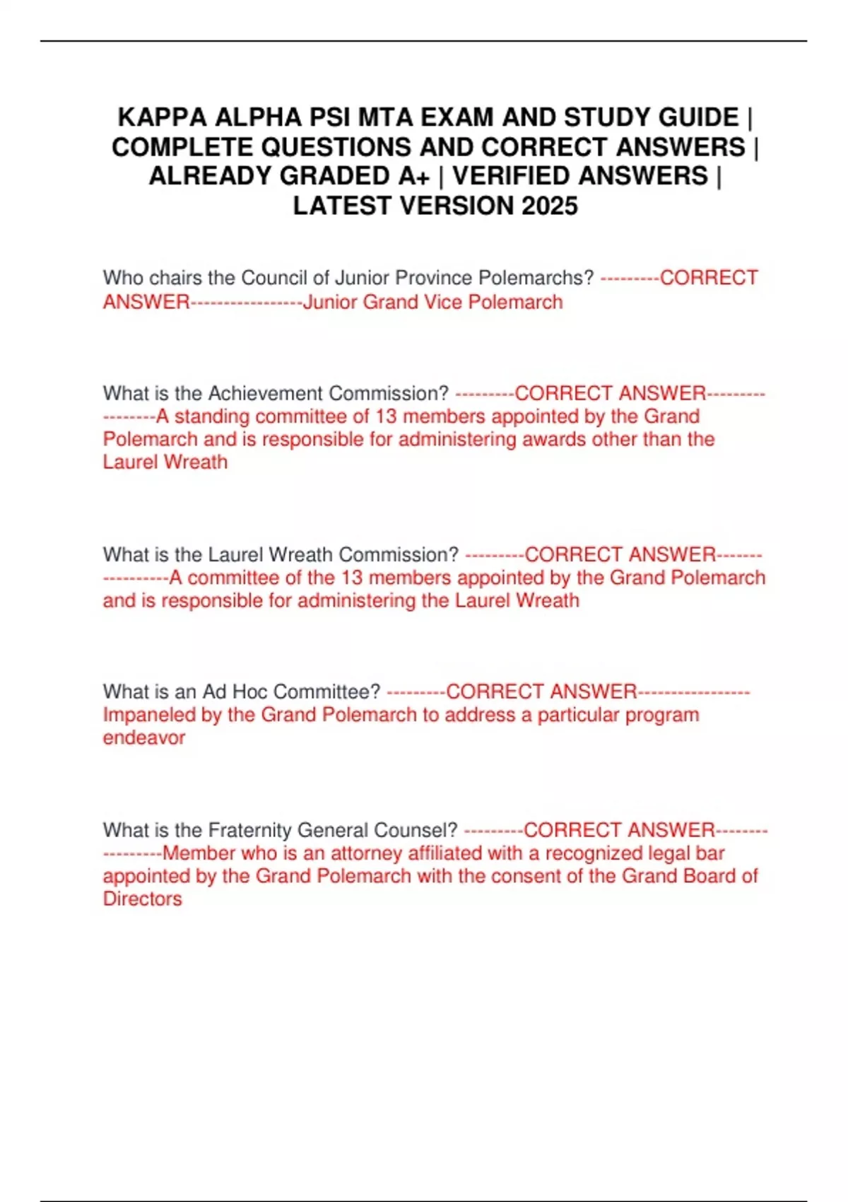 KAPPA ALPHA PSI MTA EXAM AND STUDY GUIDE | COMPLETE QUESTIONS AND ...