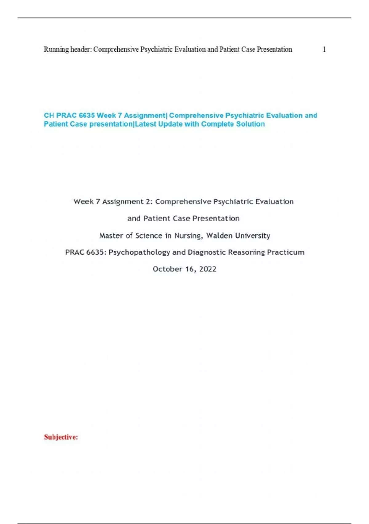 CH PRAC 6635 Week 7 Assignment| Comprehensive Psychiatric Evaluation and Patient Case ...