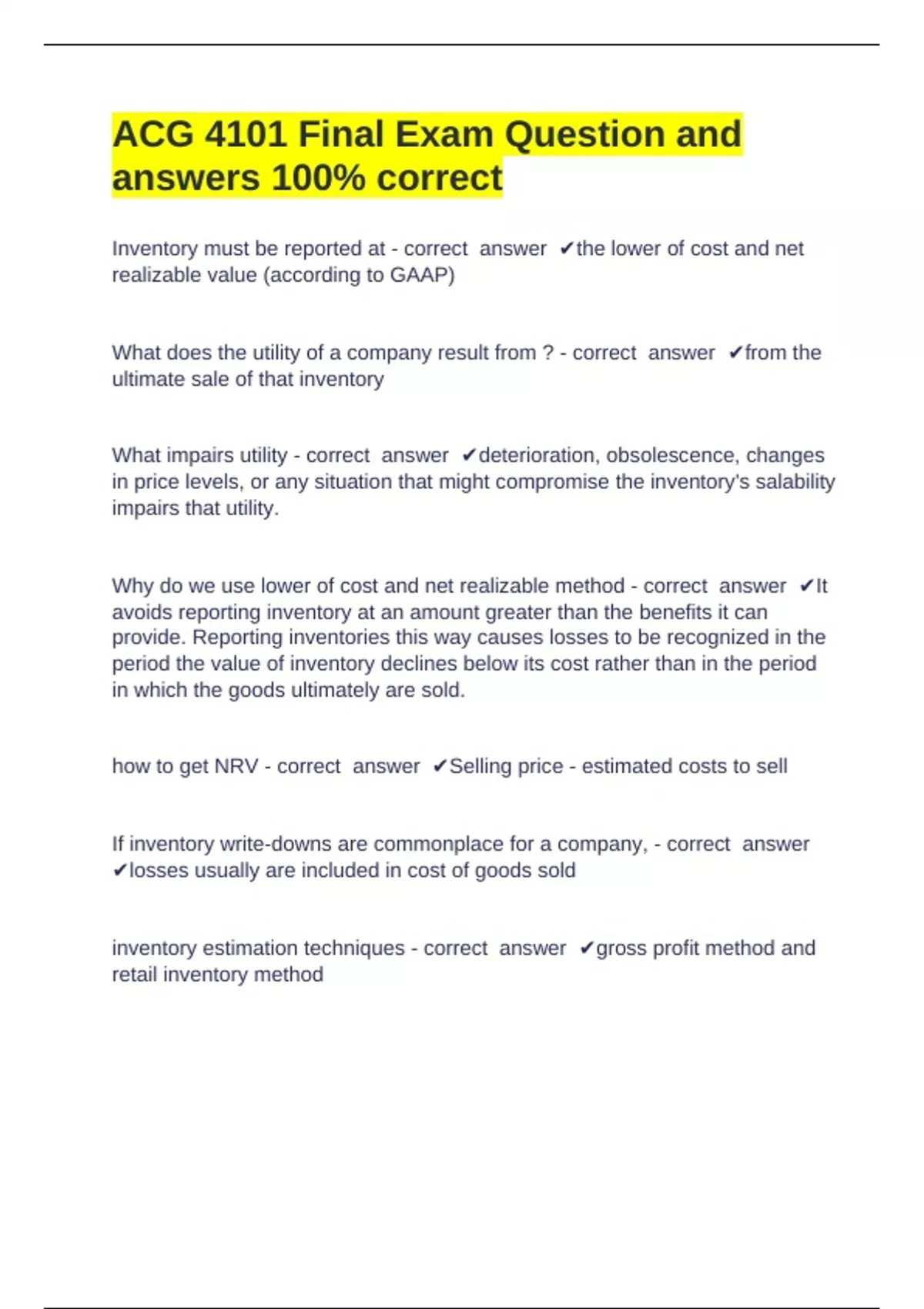 ACG 4101 Final Exam Question and answers 100% correct - ACG - Stuvia US