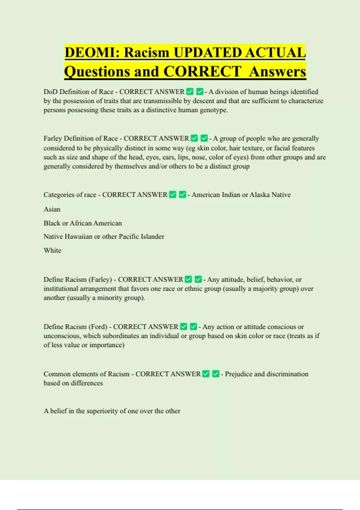 DEOMI: Racism UPDATED ACTUAL Questions and CORRECT Answer - DEOMI ...