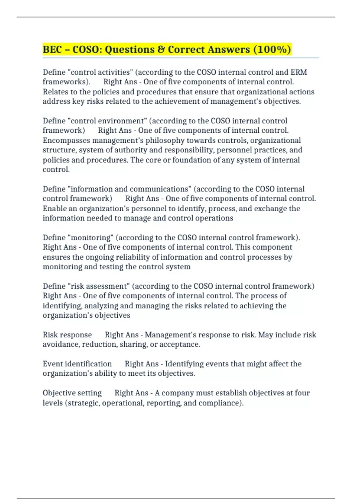 BEC – COSO: Questions & Correct Answers (100%) - COSO - Stuvia