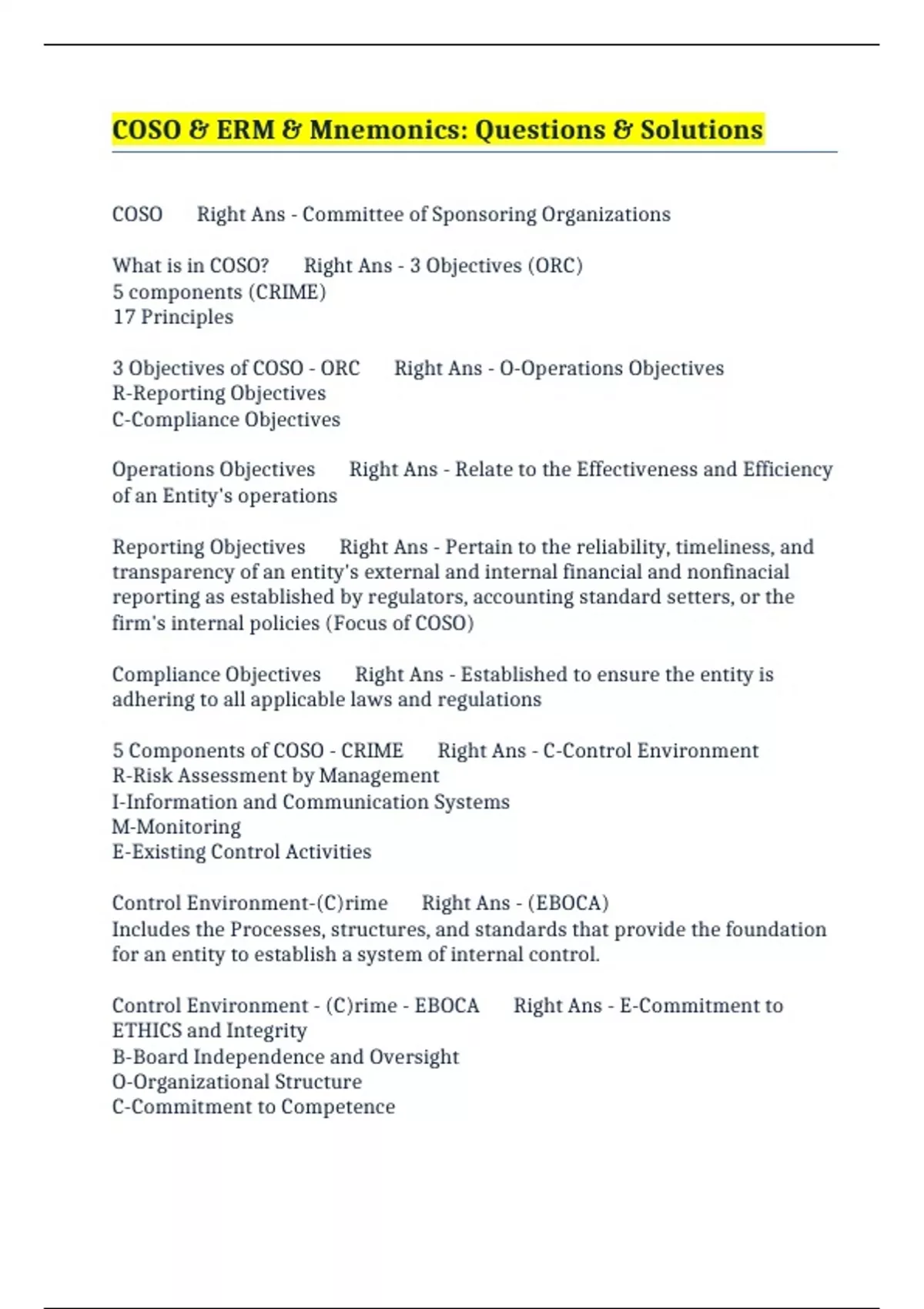 COSO & ERM & Mnemonics: Questions & Solutions - COSO - Stuvia