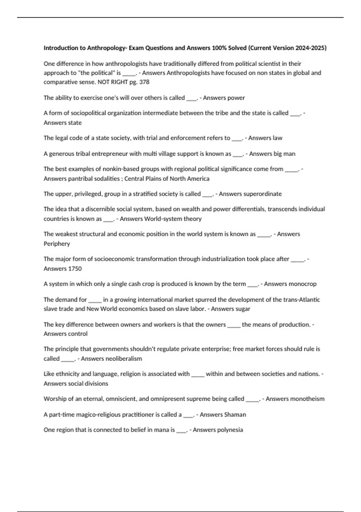 Introduction to Anthropology- Exam Questions and Answers 100% Solved ...