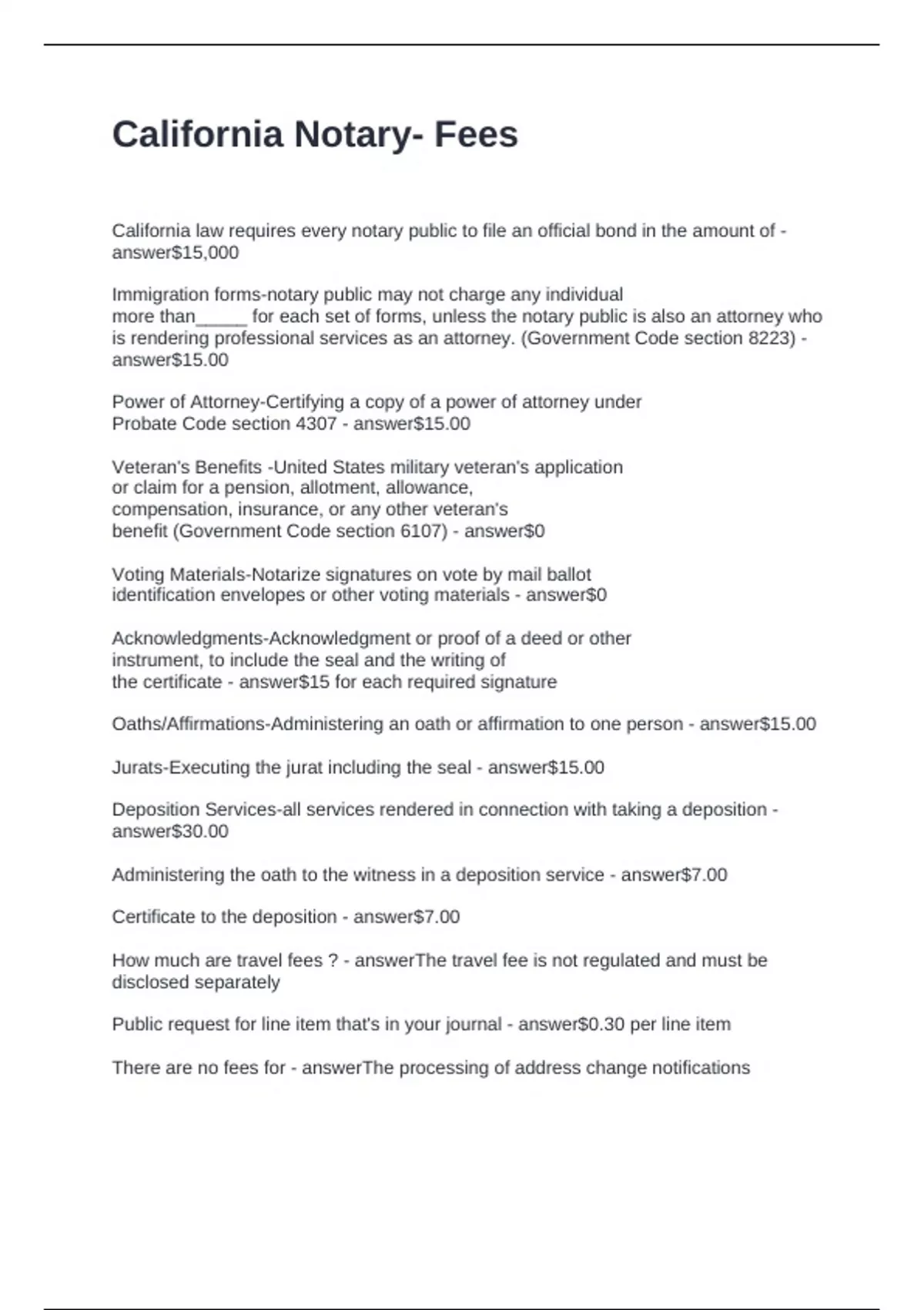 California Notary- Fees Questions with correct Answers - California ...