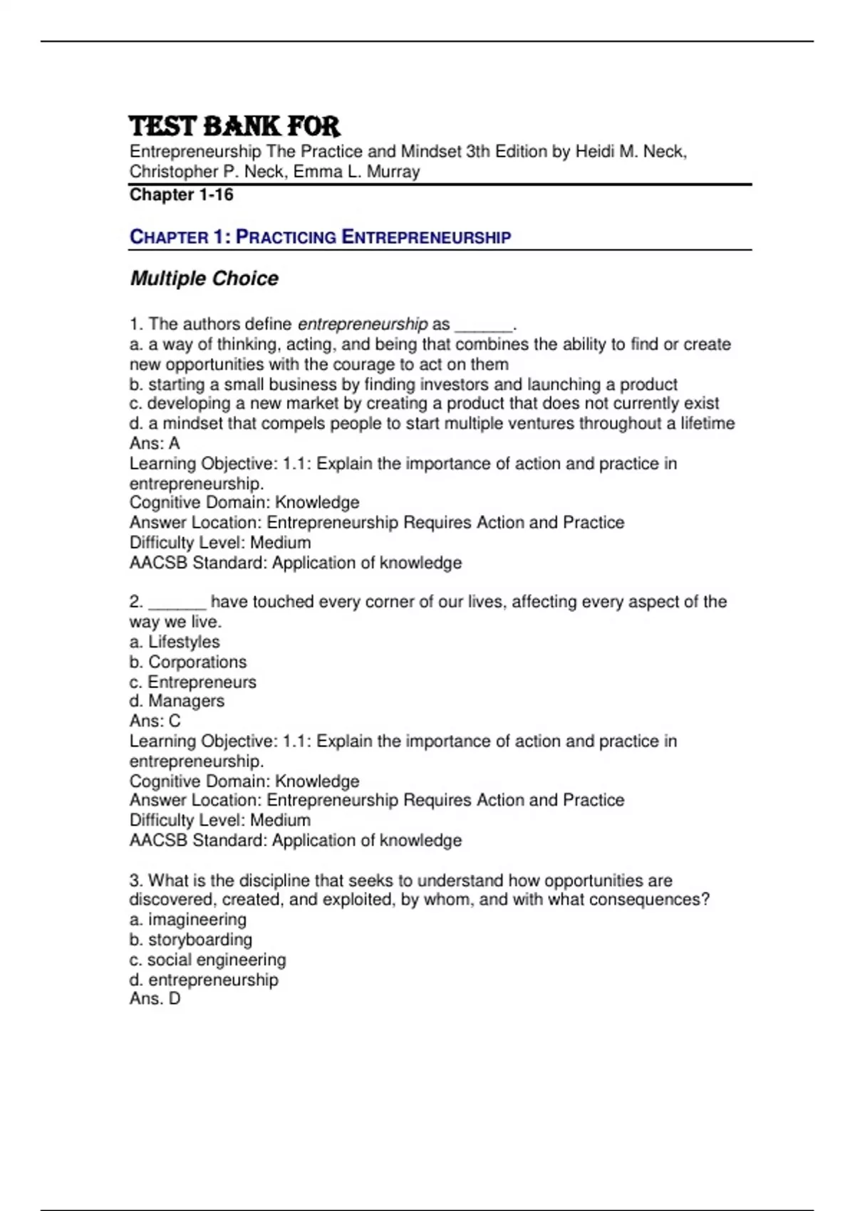 Test Bank For Entrepreneurship The Practice and Mindset 3th Edition by ...