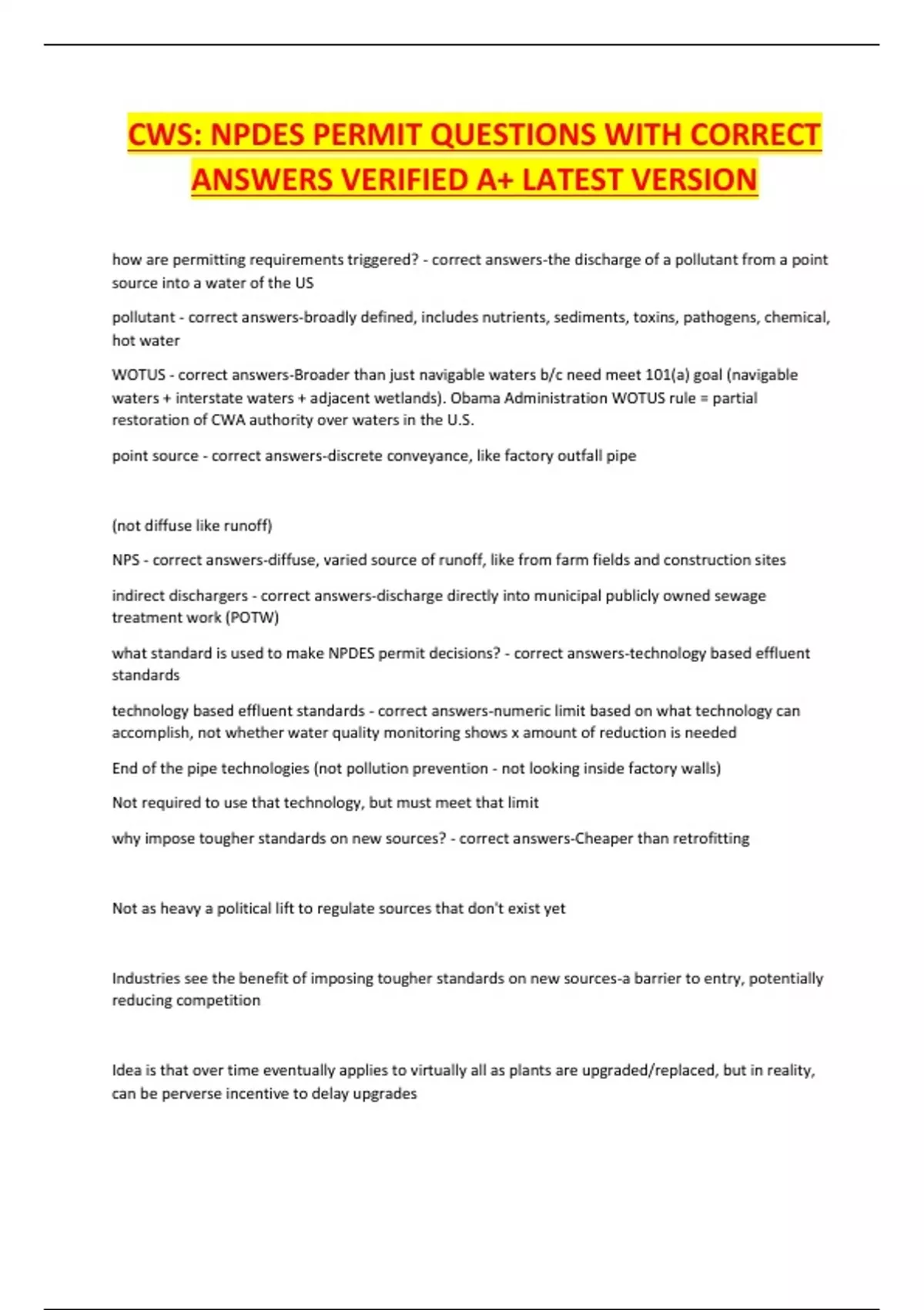 CWS: NPDES PERMIT QUESTIONS WITH CORRECT ANSWERS VERIFIED A+ LATEST ...