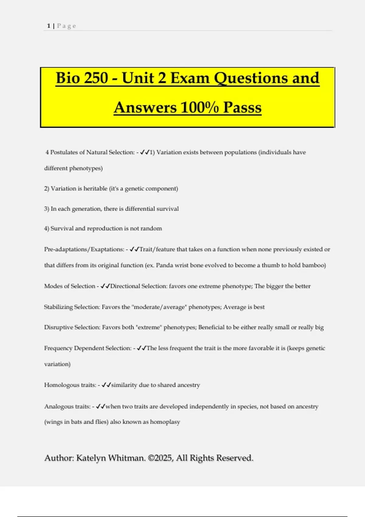 Bio 250 - Unit 2 Exam Questions and Answers 100% Passs - BIO 250 - Stuvia US
