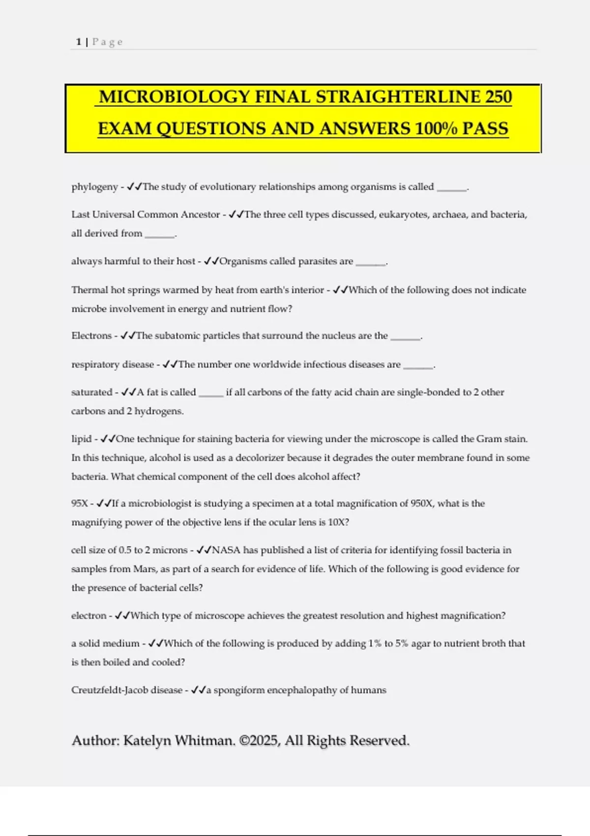 MICROBIOLOGY FINAL STRAIGHTERLINE 250 EXAM QUESTIONS AND ANSWERS 100% ...