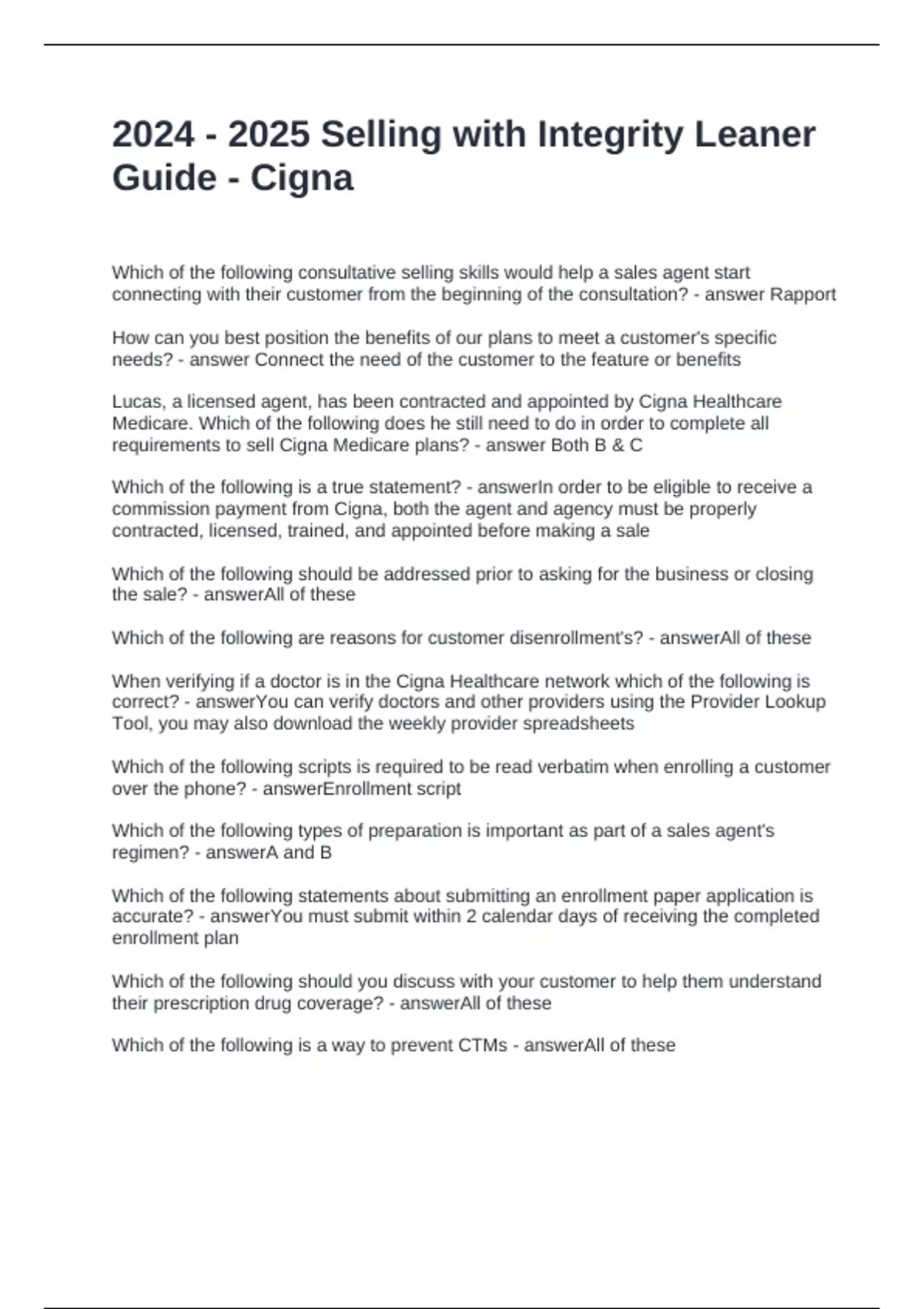 Selling with Integrity Leaner Guide - Cigna Questions with Solutions ...