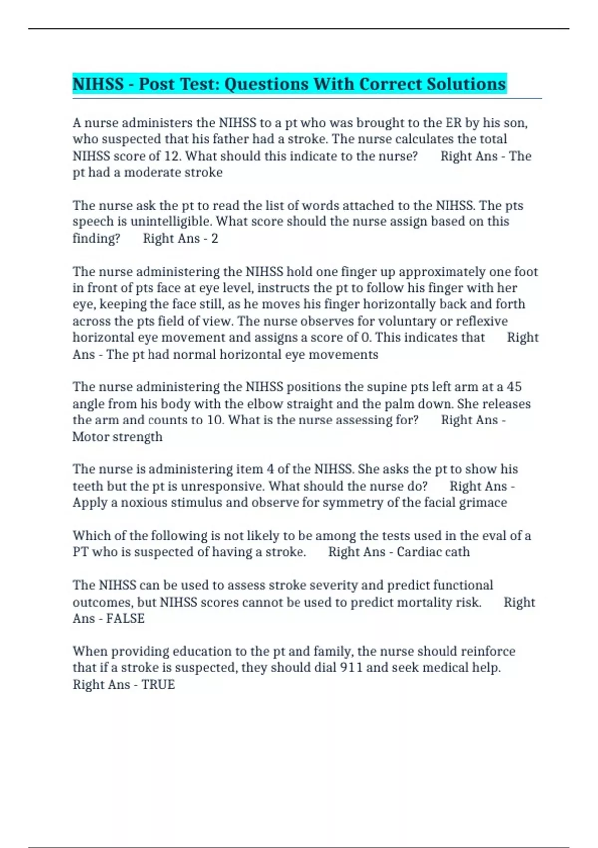 NIHSS - Post Test: Questions With Correct Solutions - NIHSS - Stuvia US