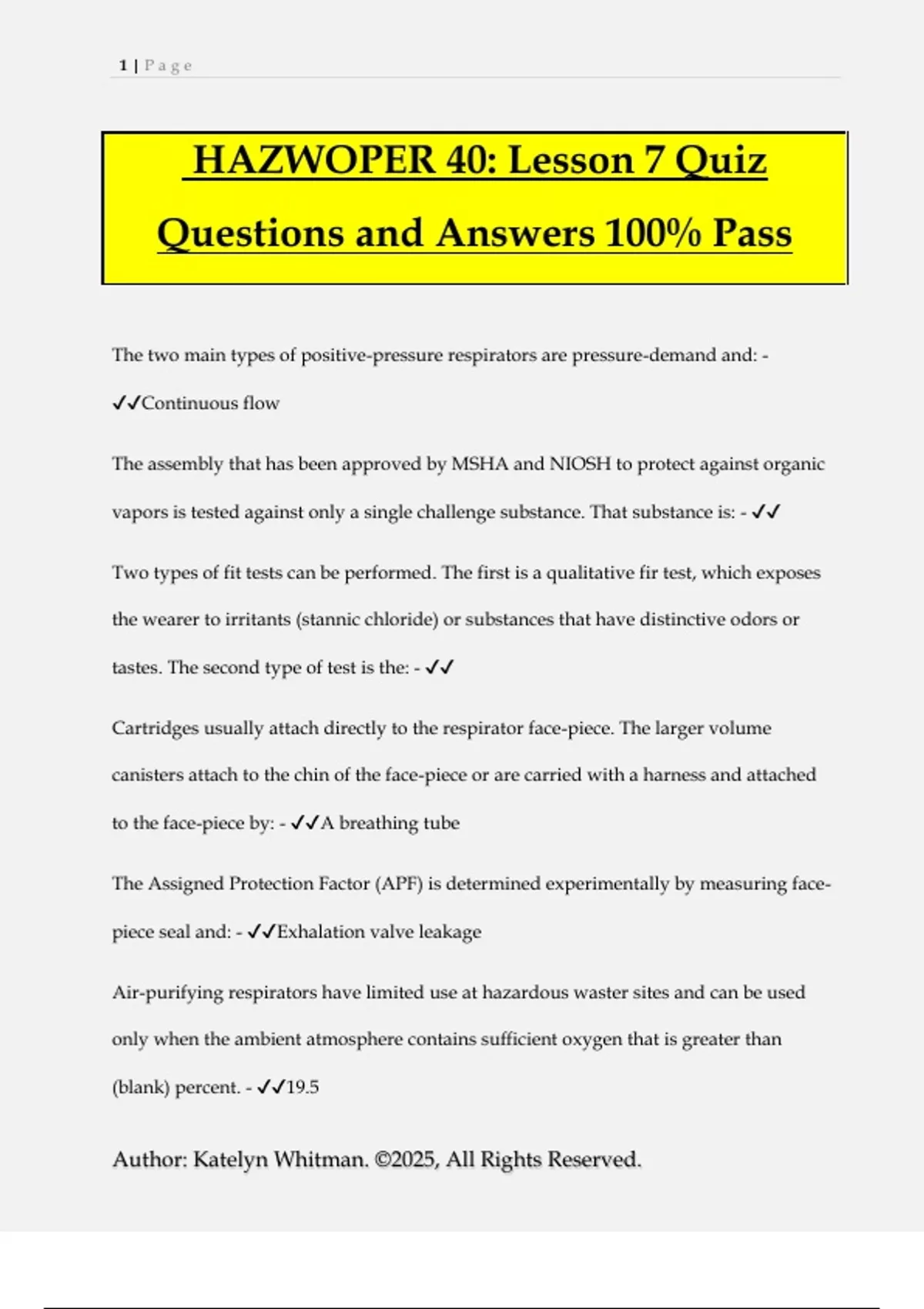 HAZWOPER 40: Lesson 7 Quiz Questions and Answers 100% Pass - Hazwoper ...