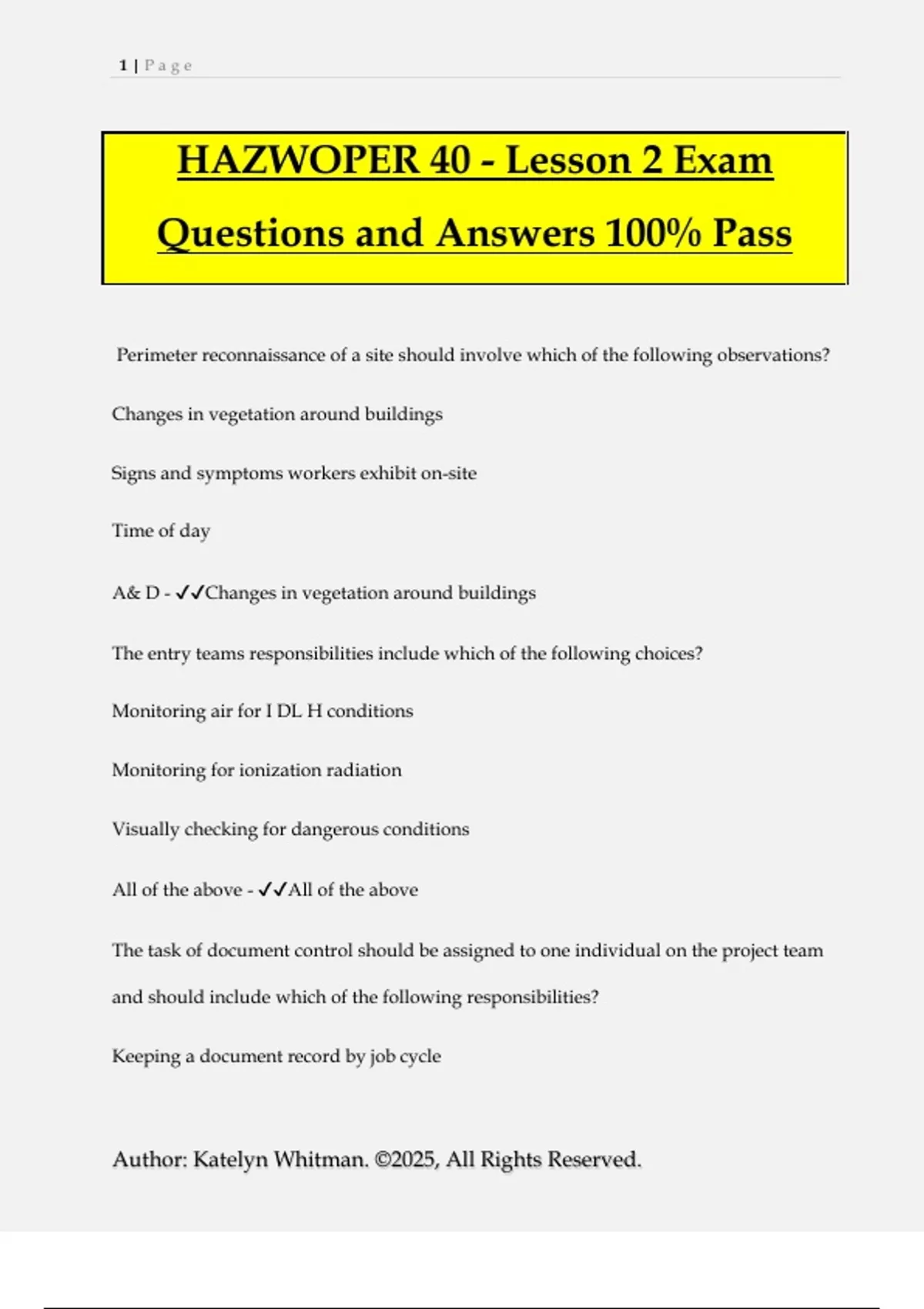 HAZWOPER 40 - Lesson 2 Exam Questions and Answers 100% Pass - Hazwoper ...