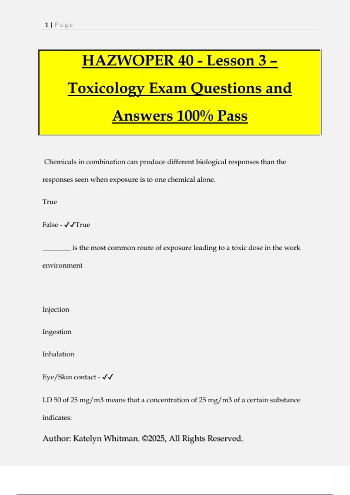 HAZWOPER 40 - Lesson 3 – Toxicology Exam Questions and Answers 100% ...