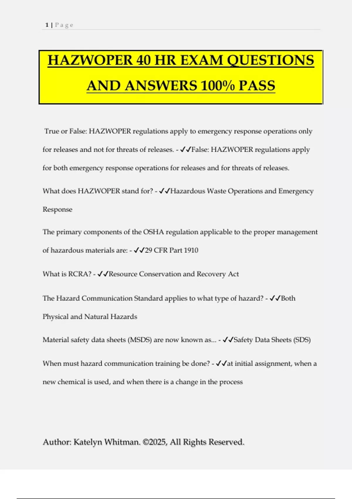 HAZWOPER 40 HR EXAM QUESTIONS AND ANSWERS 100% PASS - Hazwoper 40 ...