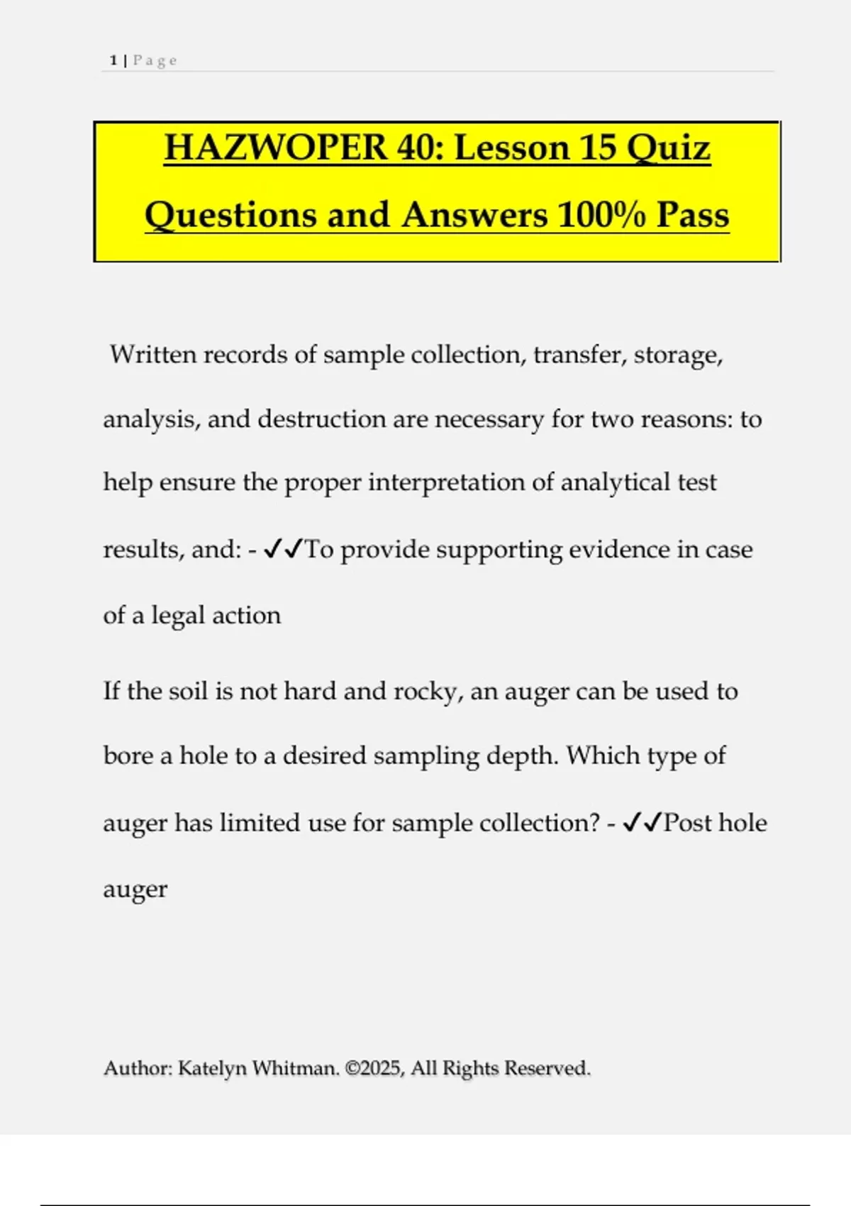 HAZWOPER 40: Lesson 15 Quiz Questions and Answers 100% Pass - Hazwoper ...