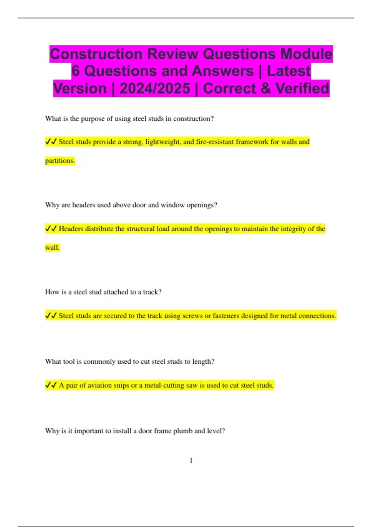 Construction Review Questions Module 6 Questions and Answers | Latest ...