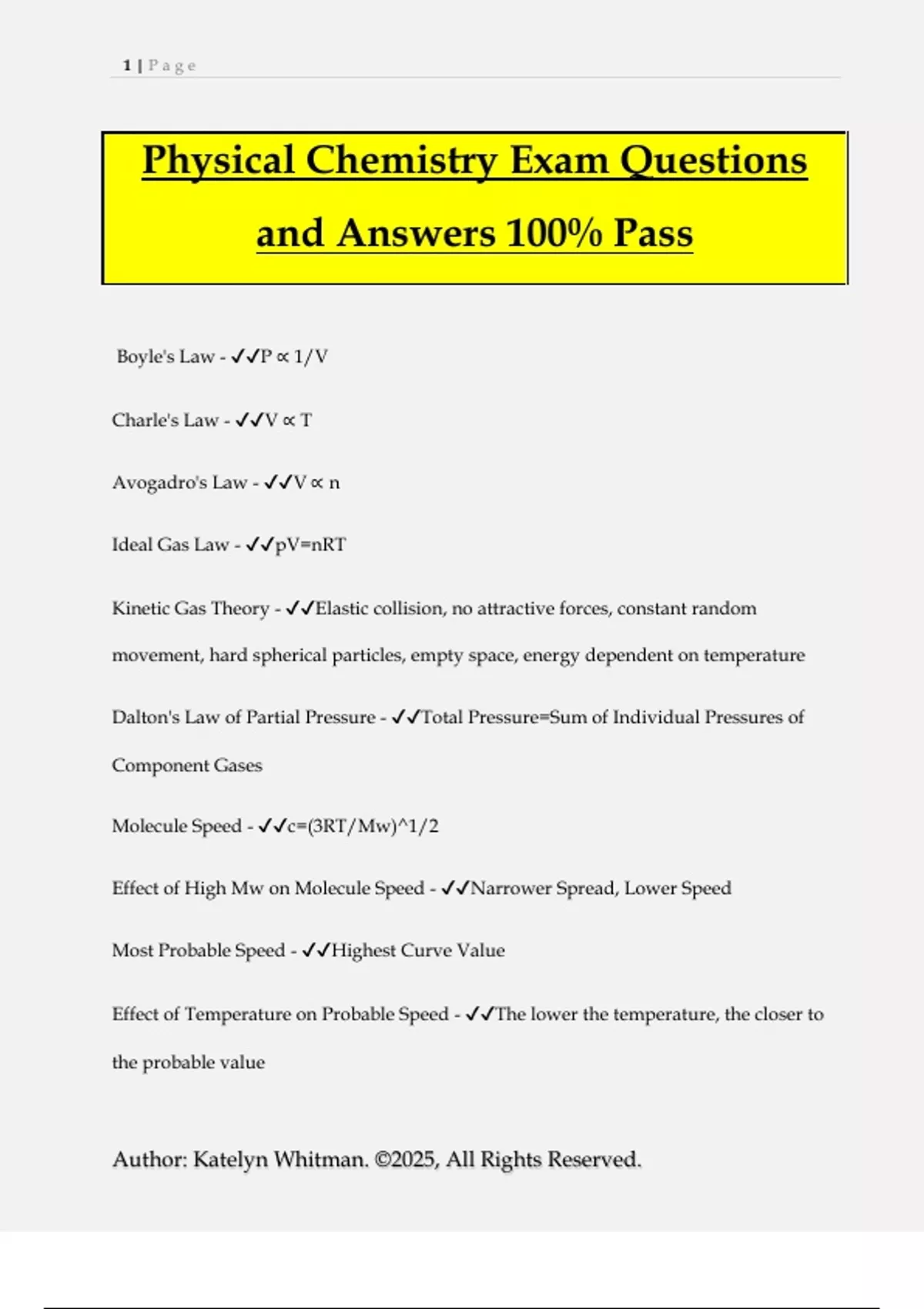 Physical Chemistry Exam Questions and Answers 100% Pass - Physical ...