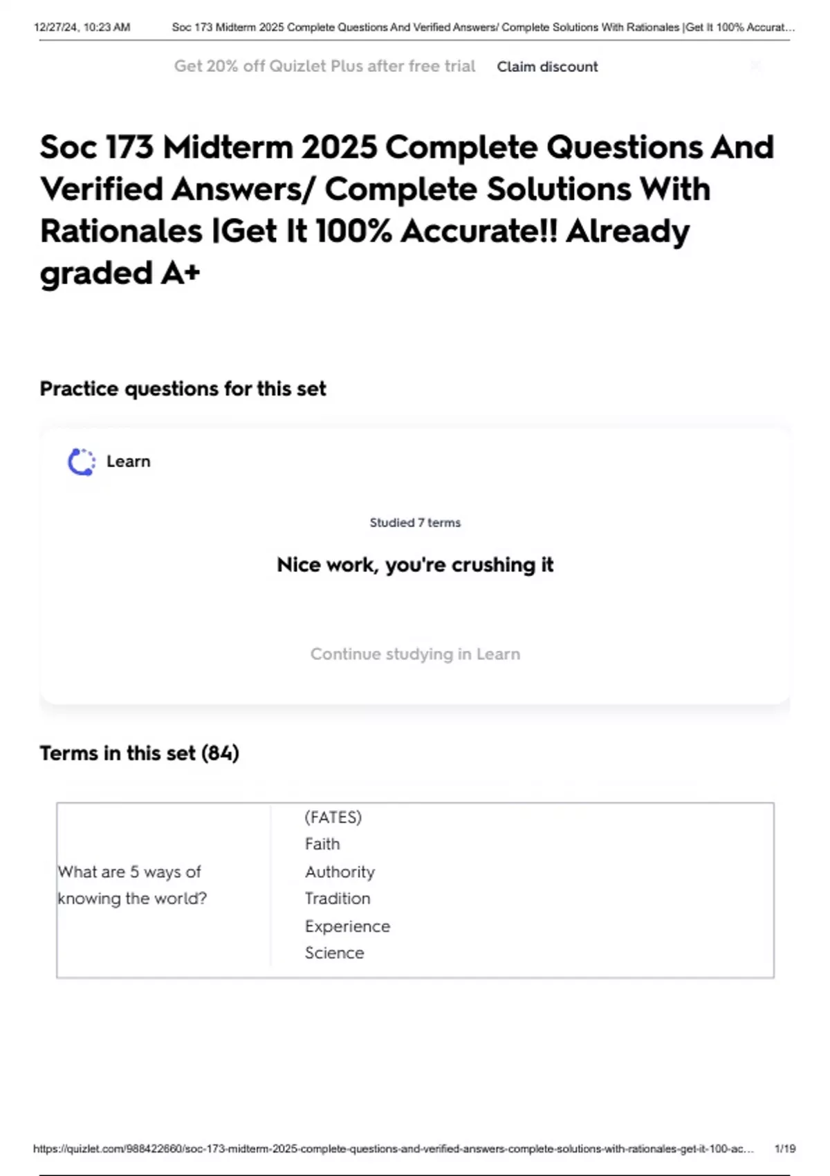 Soc 173 Midterm 2025 Complete Questions And Verified Answers/ Complete Solutions With Rationales ...