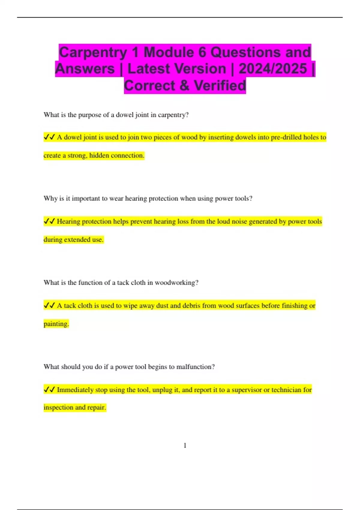 Carpentry 1 Module 6 Questions and Answers | Latest Version | 2024/2025 ...