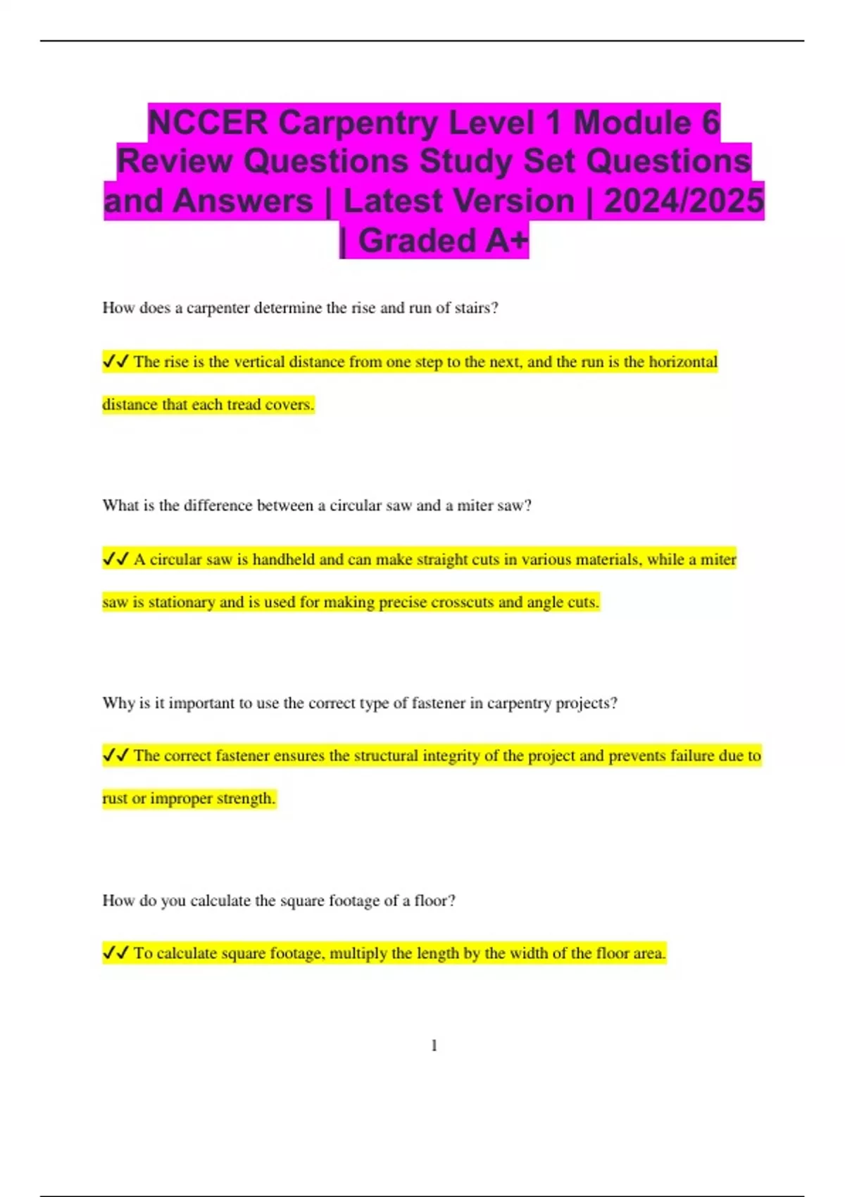 NCCER Carpentry Level 1 Module 6 Review Questions Study Set Questions ...