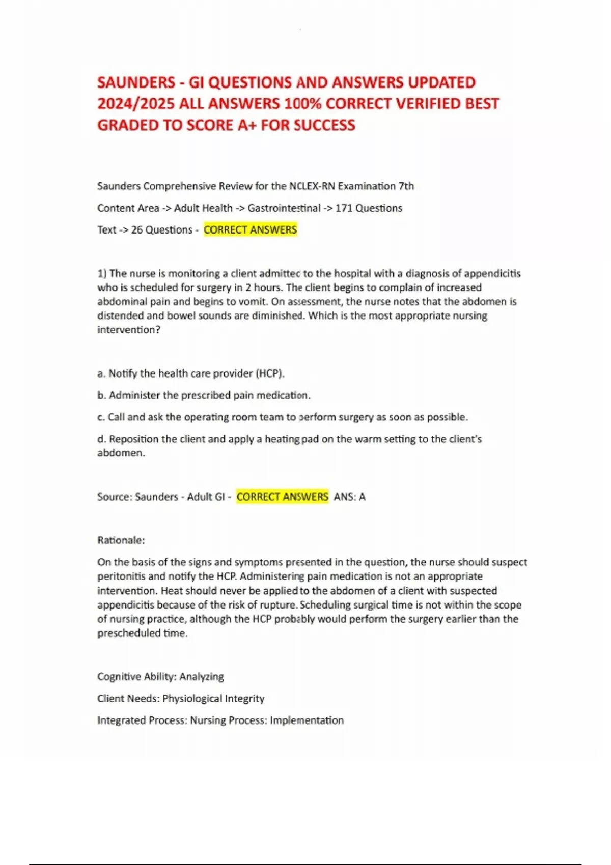 SAUNDERS - GI QUESTIONS AND ANSWERS UPDATED ALL ANSWERS 100% CORRECT ...