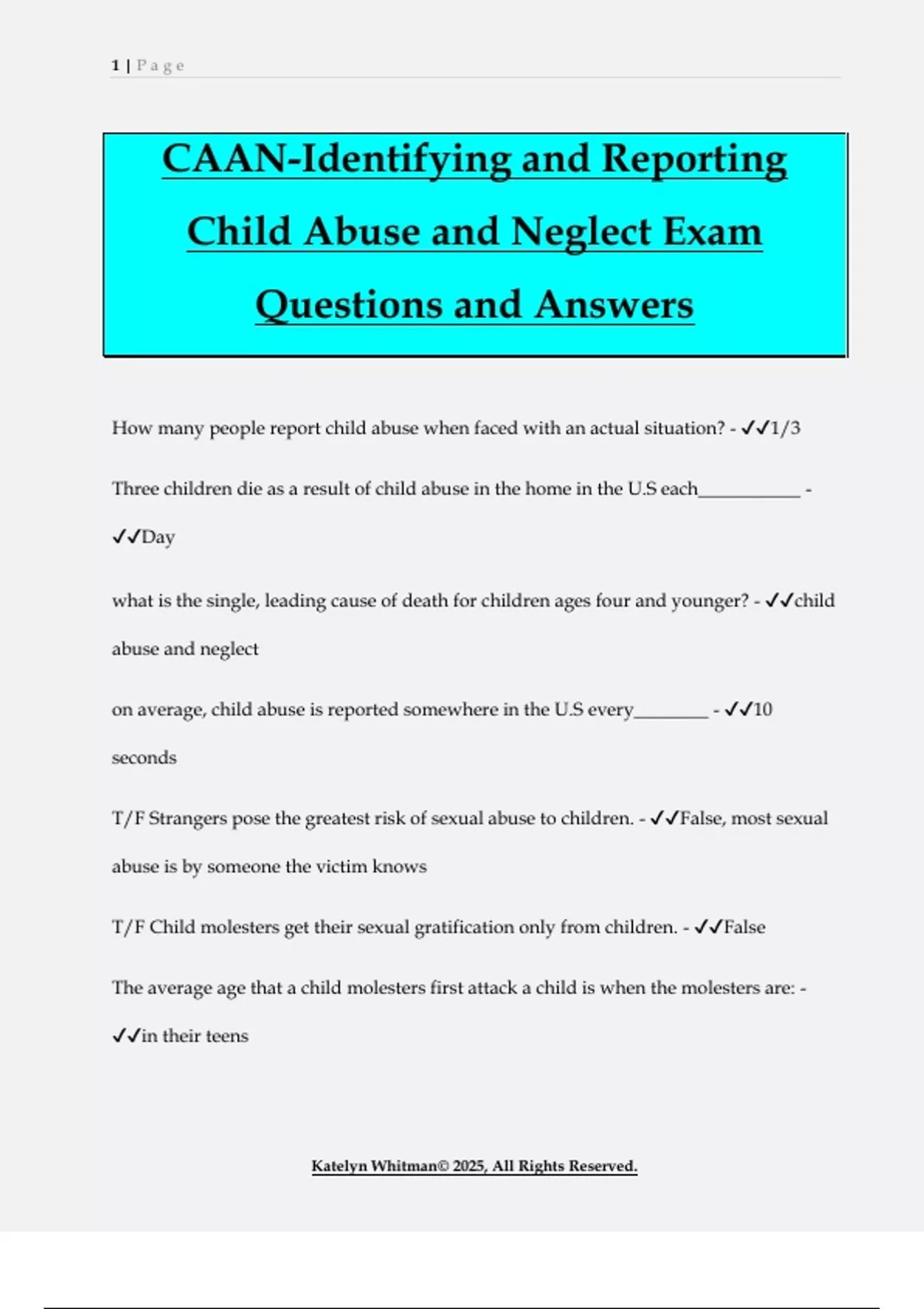 CAAN-Identifying and Reporting Child Abuse and Neglect Exam Questions and Answers - CAAN DCF ...