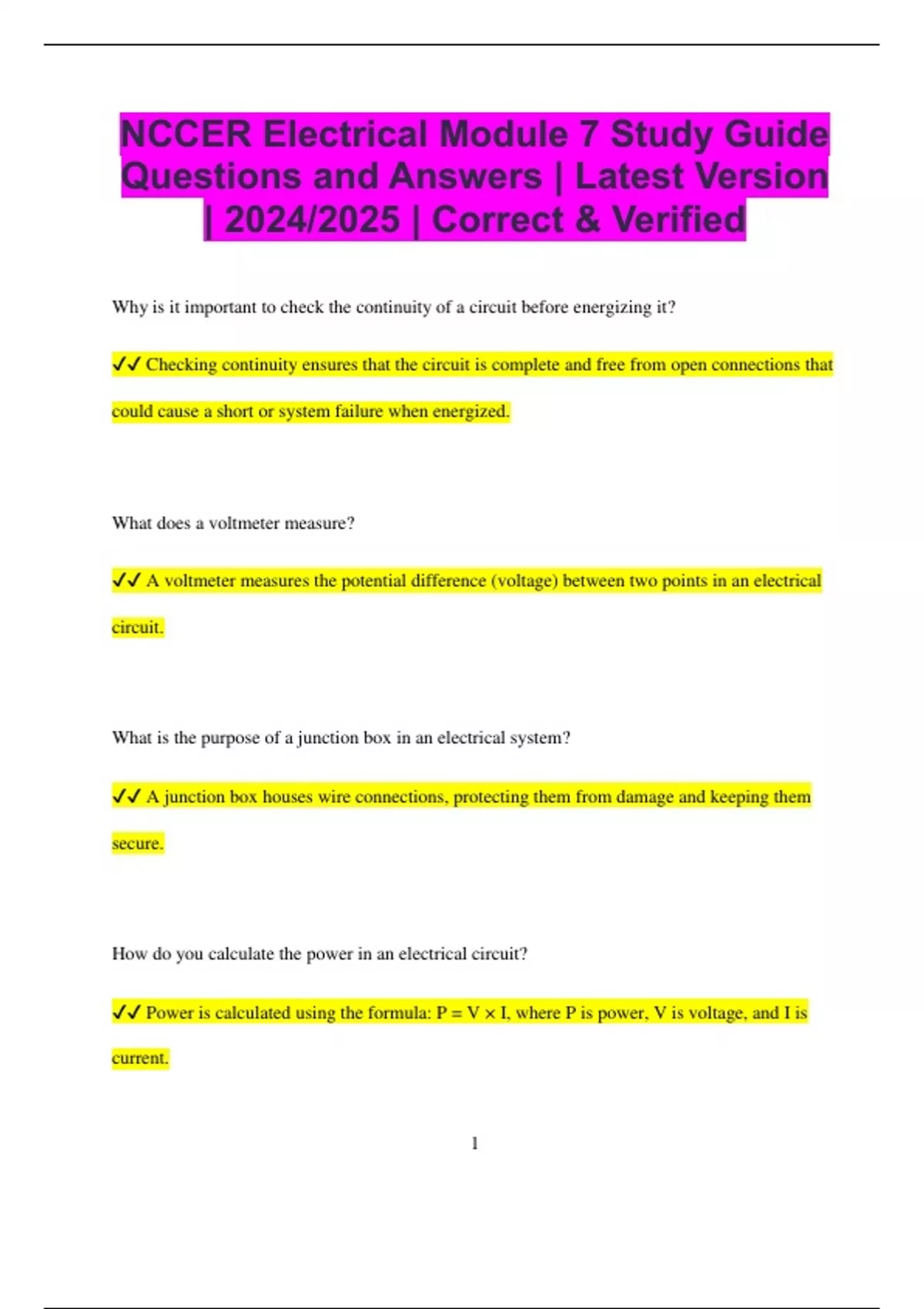 NCCER Electrical Module 7 Study Guide Questions and Answers | Latest ...