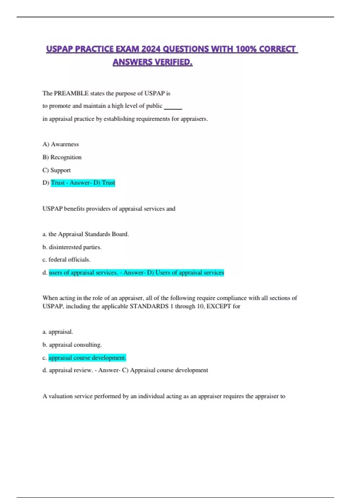 USPAP PRACTICE EXAM 2024 QUESTIONS WITH 100% CORRECT ANSWERS VERIFIED ...