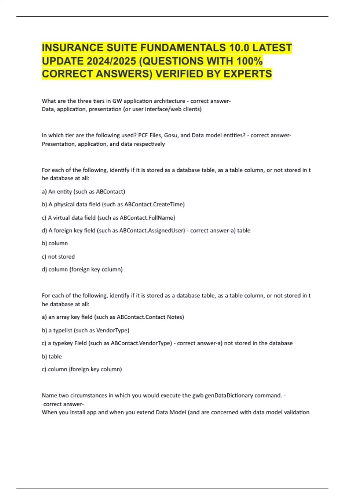 INSURANCE SUITE FUNDAMENTALS 10.0 LATEST UPDATE 2024/2025 (QUESTIONS ...
