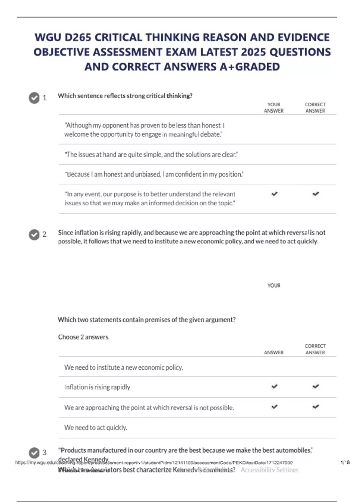 WGU D265 CRITICAL THINKING REASON AND EVIDENCE OBJECTIVE ASSESSMENT ...
